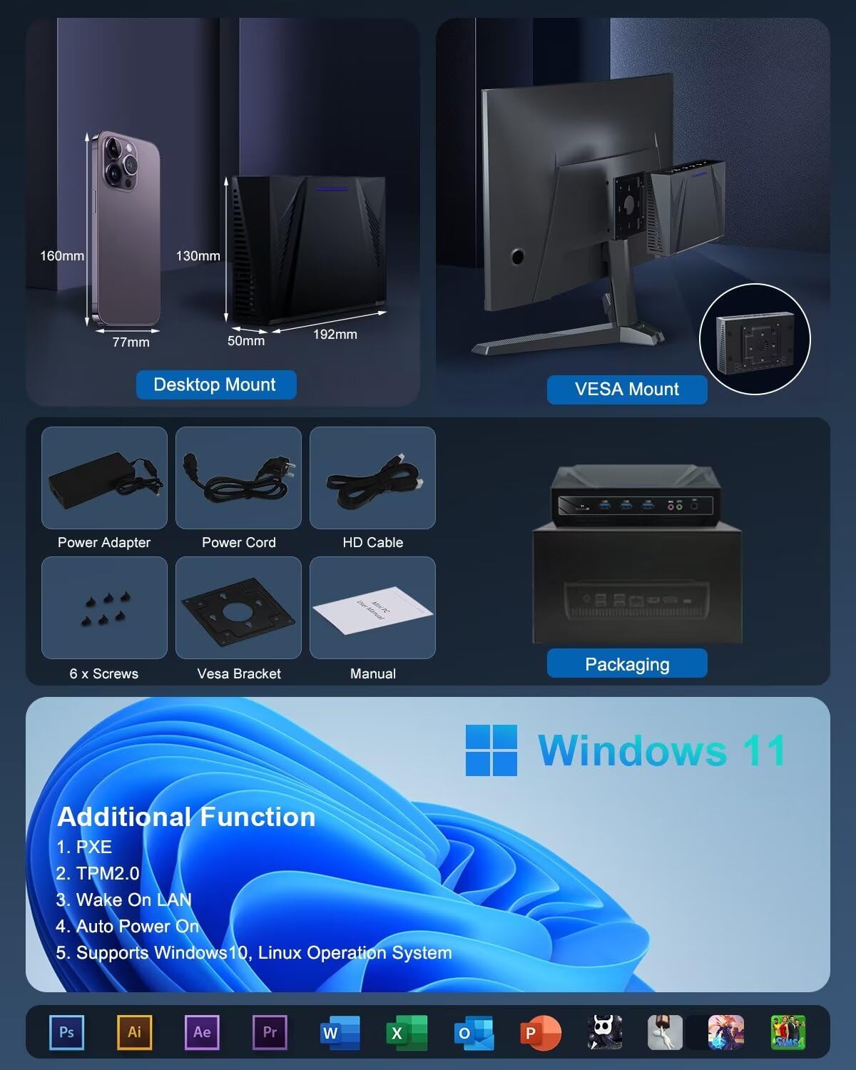 WEIDIAN Mini PC AMD Ryzen 9 5900HX 64GB RAM 1TB M.2 SSD 2TB HDD Windows 11 Pro Mini Computer 4K Office Home Mini Desktop PC Support Triple Display 2*DDR4 Extended SSD WiFi 5 BT4.2 7*USB