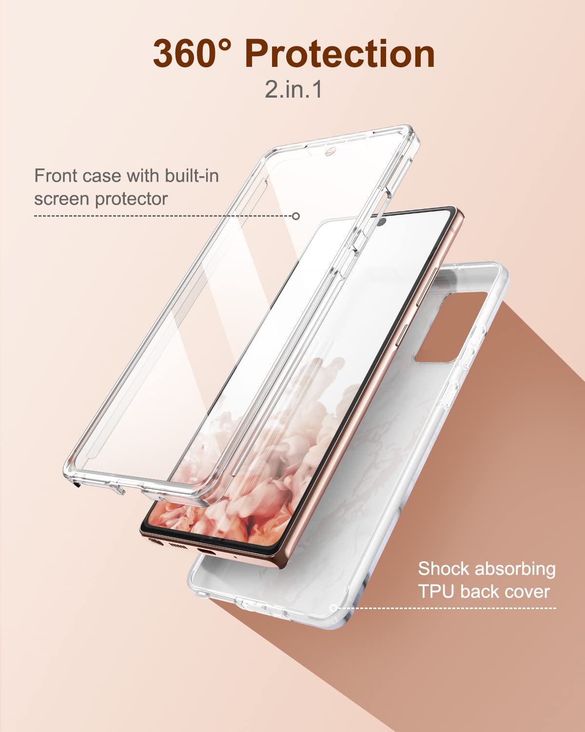 SURITCH Phone Case for Samsung Galaxy Note 20 Case, Front Cover with Built-in Screen Protector Full-Body Protection Shockproof TPU Bumper Protective Case for Man Women Cute, White Marble