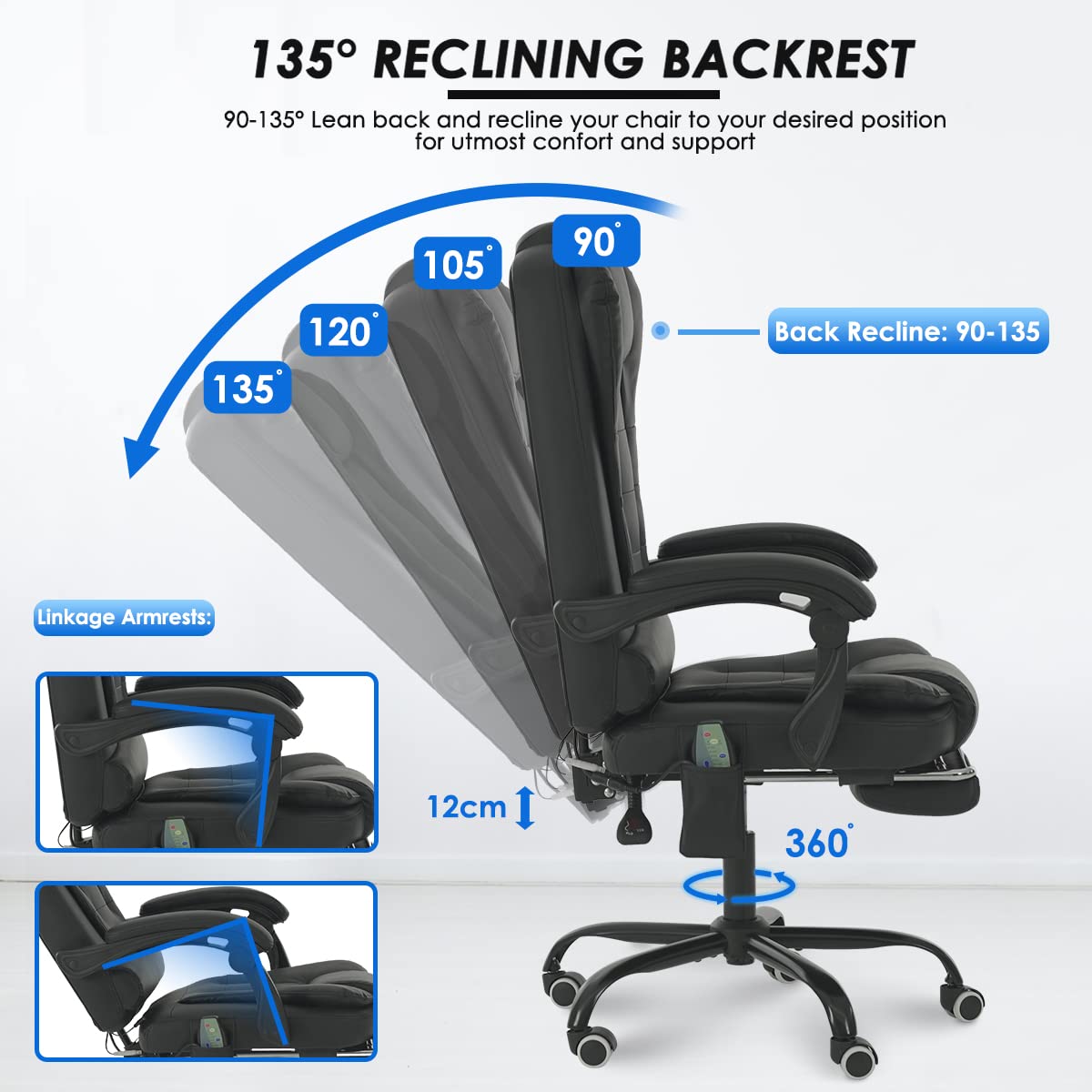 VANSPACE Executive Massage Office Chair with Footrest Reclining Home Office Chair Soft Leather High Back Computer Desk Chair with Lumbar Support Adjustable Armrest Black