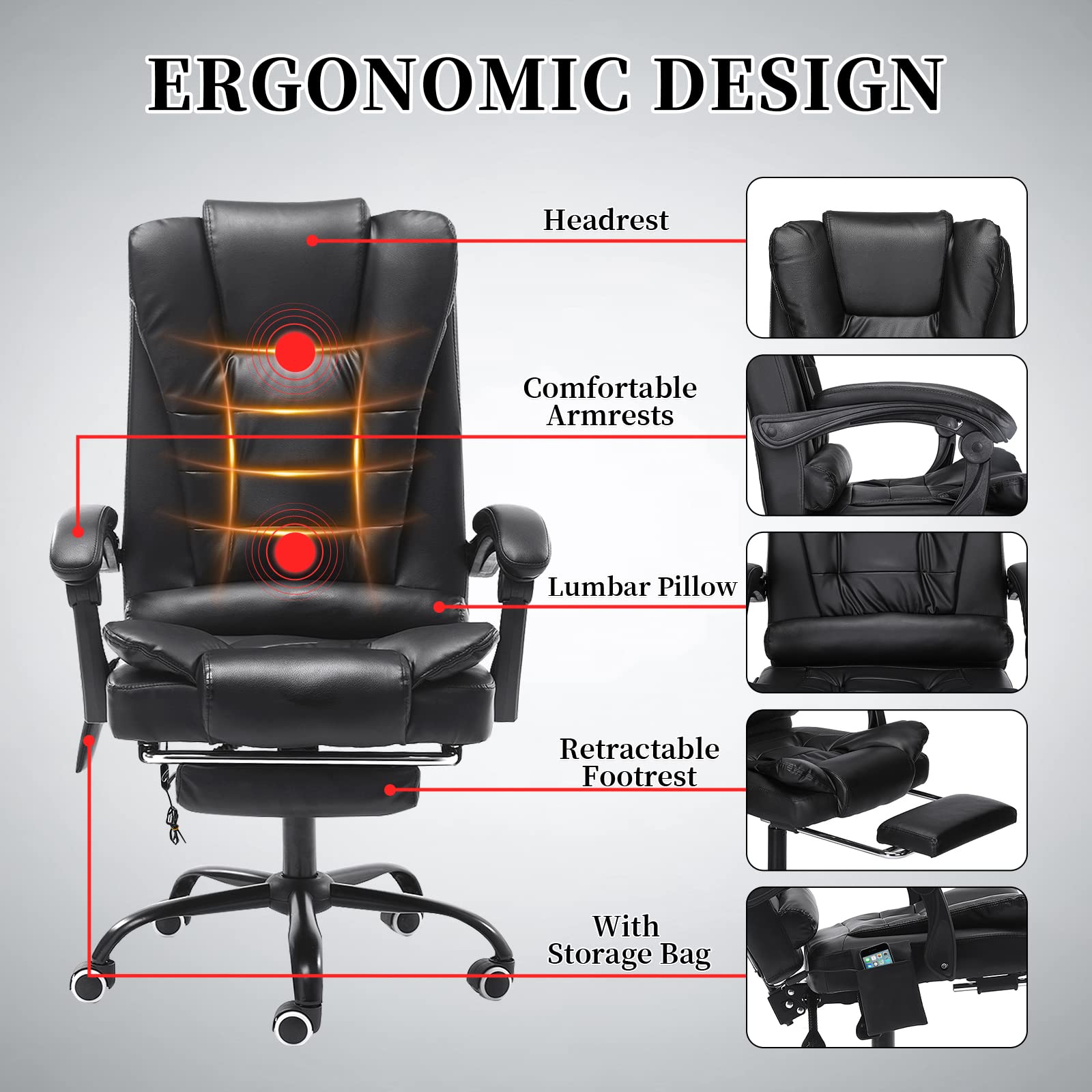 VANSPACE Executive Office Chair with Massage and Footrest Reclining Office Chair Soft Leather High Back Computer Desk Chair with Lumbar Support Padded Armrest for Home Office