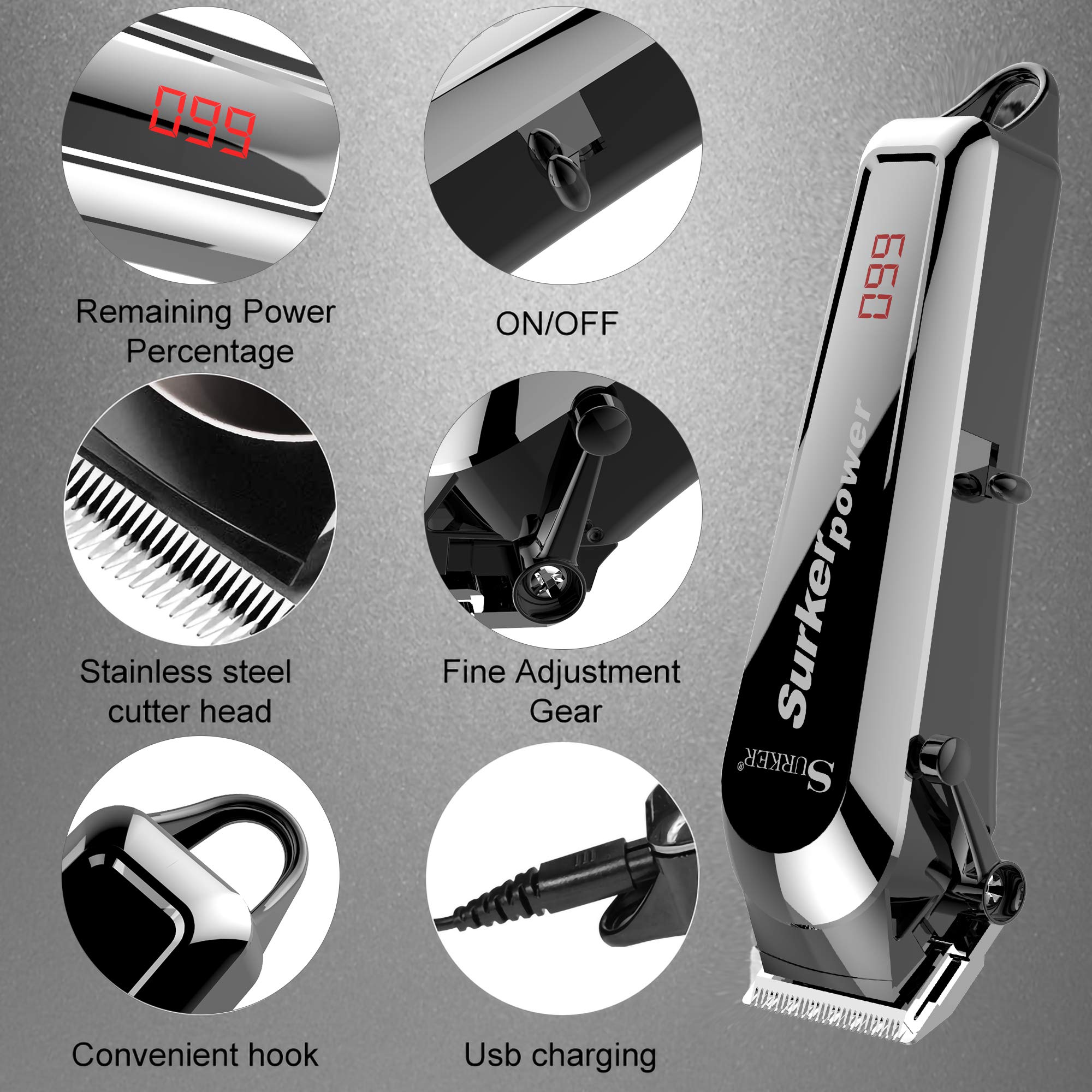 Surker Professional Hair Clippers for Men Cordless Hair Cutting Hair Trimmers Beard Trimmers with Adjustable Taper Lever USB Rechargeable