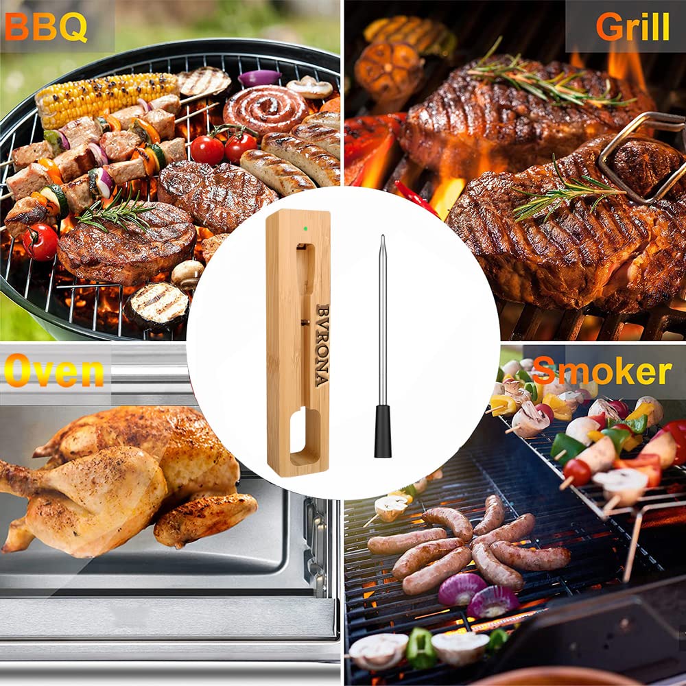 Wireless Meat Thermometer Digital 330FT Range, BVRONA Bluetooth Meat Thermometer for Grill, IP67 Waterproof, Smart Food Thermometer for Smoker, BBQ, Oven,Air Fryer, App Compatible