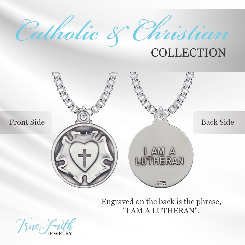 TrueFaithJewelry Sterling Silver Luther's Rose Lutheran Cross Medal Pendant Necklace, 3/4 Inch