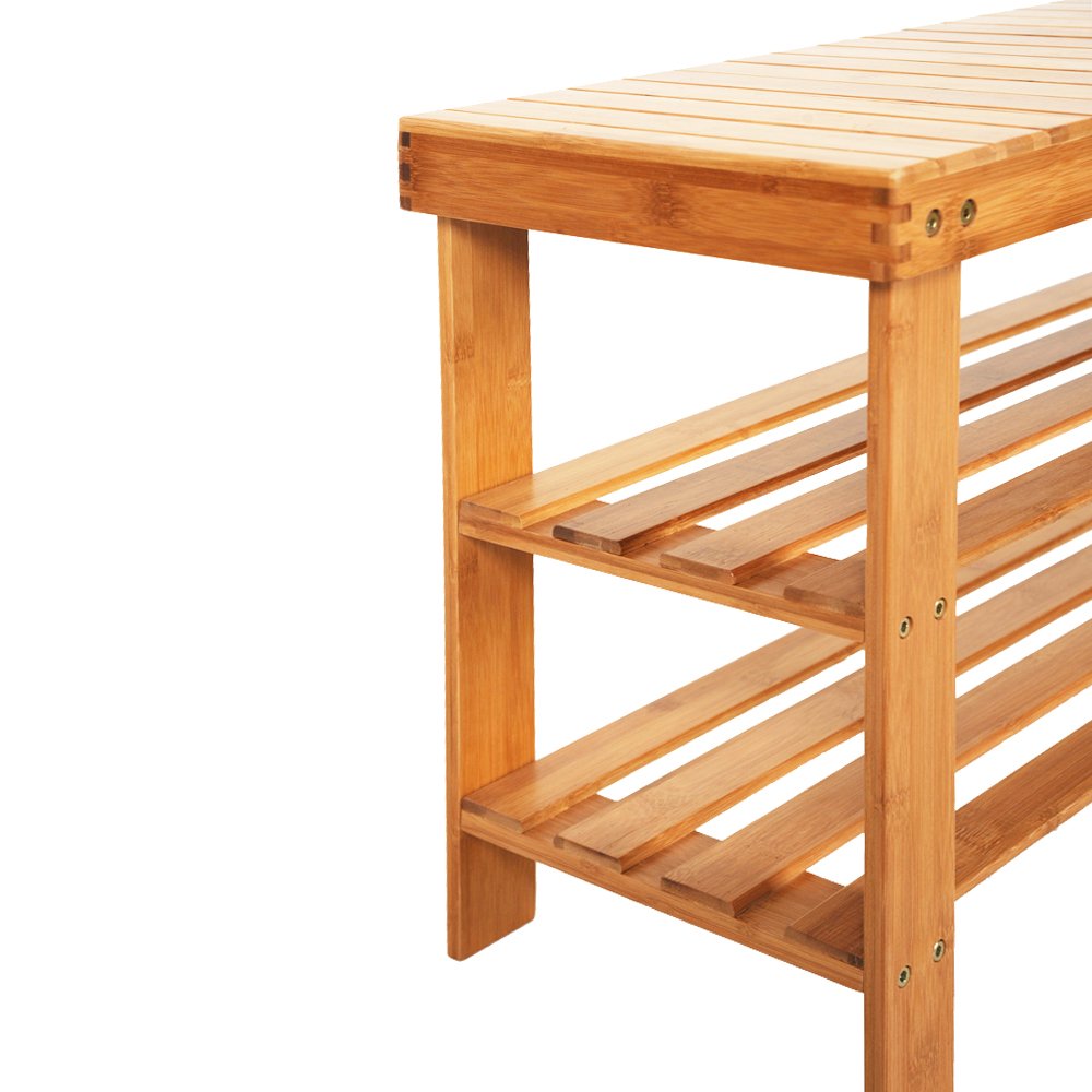 WISCLASS 90 cm Pastoral Style Bamboo Shoe Rack Strip Pattern Three Tiers Bamboo Stool Shoe Rack Simple Assembled Multifunctional Storage Shoe Rack Pastoral Style Bamboo Shoe Stool for Home