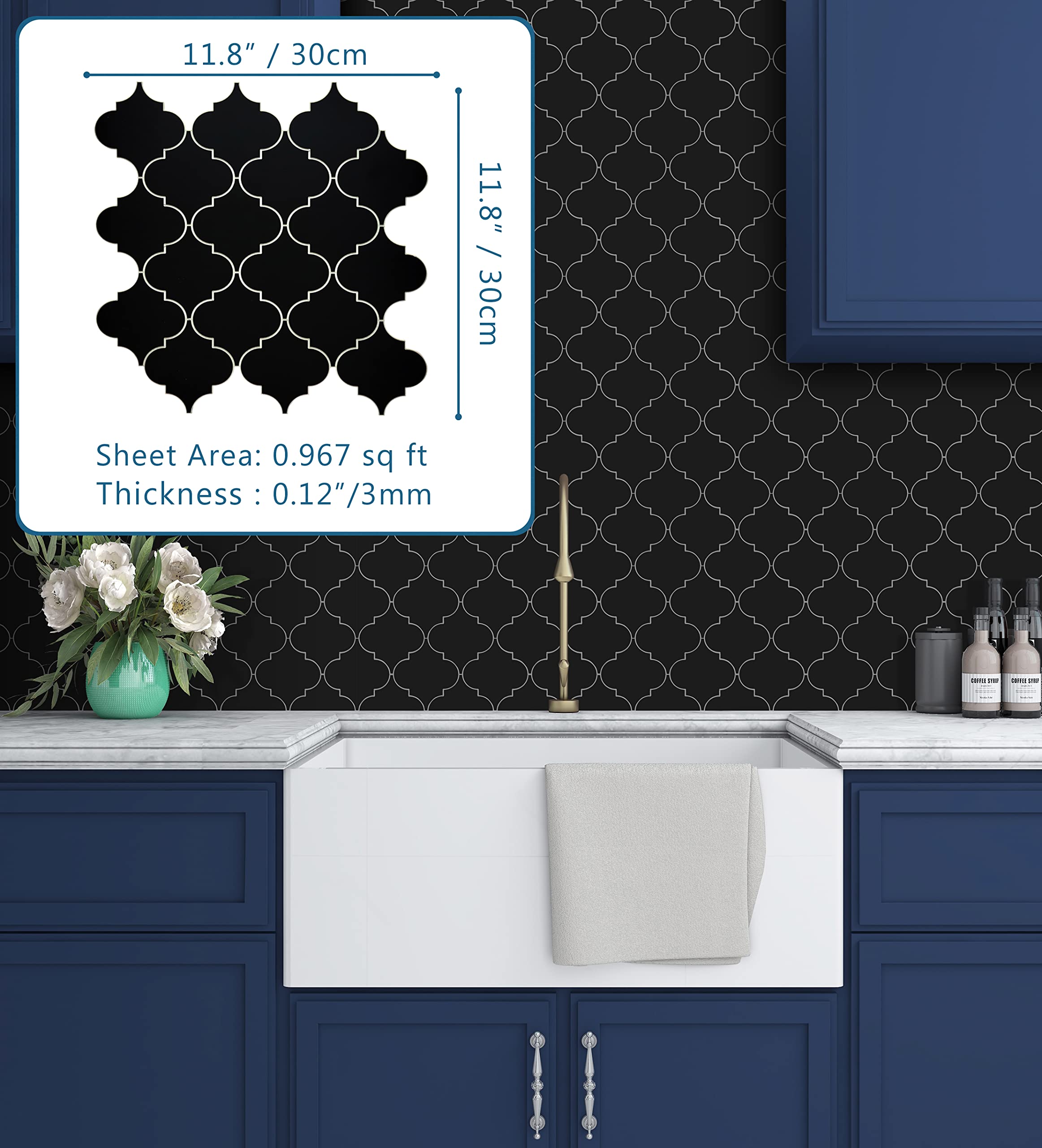 The Tiles Plaza Arabesque Peel and Stick Backsplash Tile, Self Adhesive Stone Composite Wall Tile, Black Lantern Decorative Stick on Tile for Kitchen, Bathroom, Fireplace, 10 Sheets