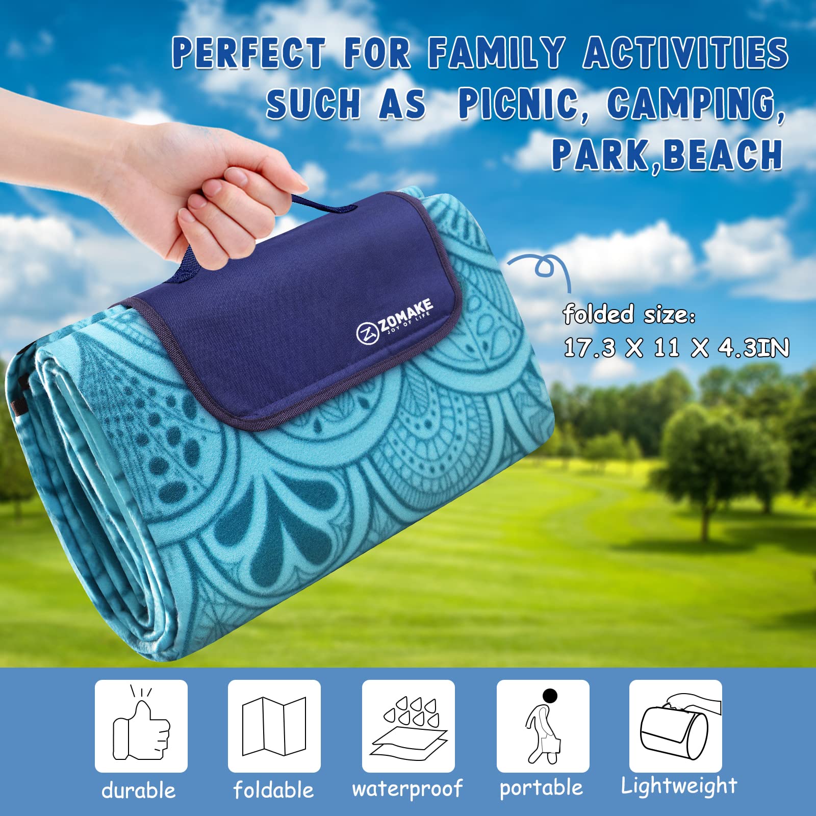 ZOMAKE Waterproof Picnic Blankets 79''x59'' - Extra Large Picnic Blanket for Outdoors - Foldable Picnic Mat with Straps - Portable Picnic Mats for picnic Camping(Peacock Blue)
