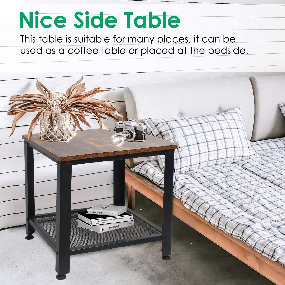 TomCare End Table 2-Tier Side Table with Storage Shelf Small Tables Living Room Square Coffee Table Nightstand Metal Frame Bedside Table Multipurpose for Home Office Living Room Bedroom