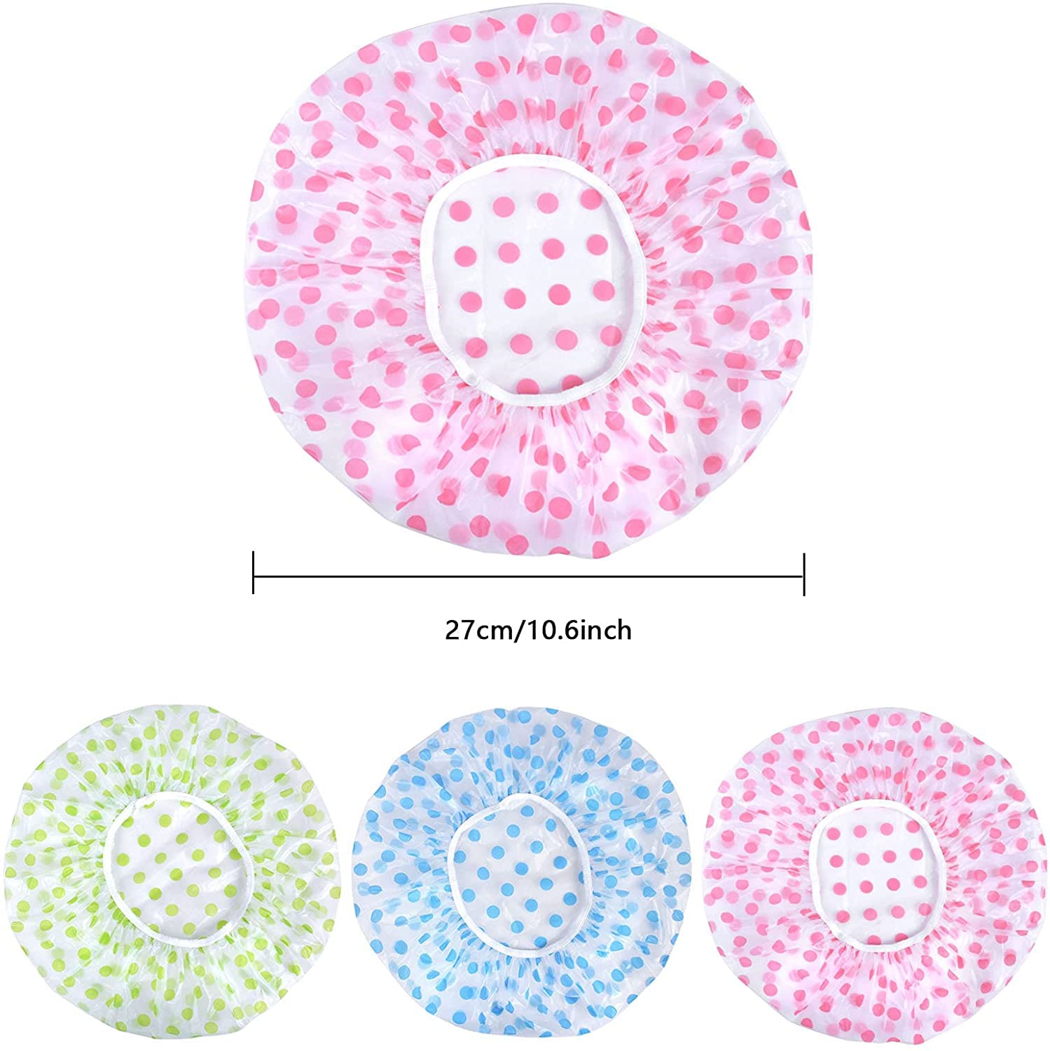 Waterproof Shower Cap,6Pcs Dot Plastic Shower Caps Reusable Elastic Large Shower cap for Women Long Hair