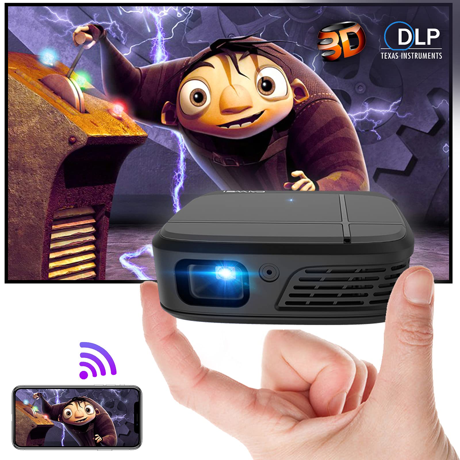 WIKISH Mini Portable Projector Wireless Wifi Airplay Smart Phone,Pocket Dlp 3D Movie 5200mAh Battery Video Projector Support Pc Av Hdmi Usb Stick Ps4