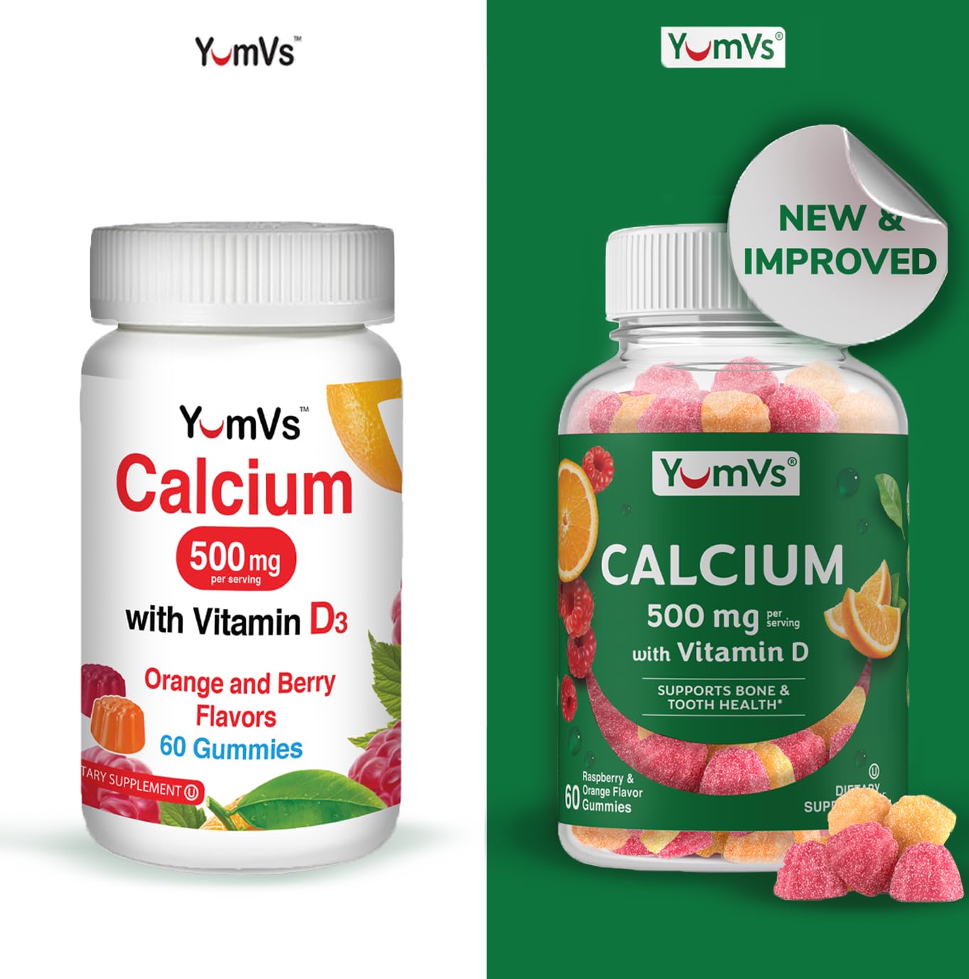YumVs Calcium 500mg with Vitamin D3 - Raspberry & Orange Flavor Calcium Vitamin D Gummies, Chewable Calcium Supplement for Kids & Adults, Vitamin D Calcium Gummies, Kosher Halal Gluten Free (60 Count)