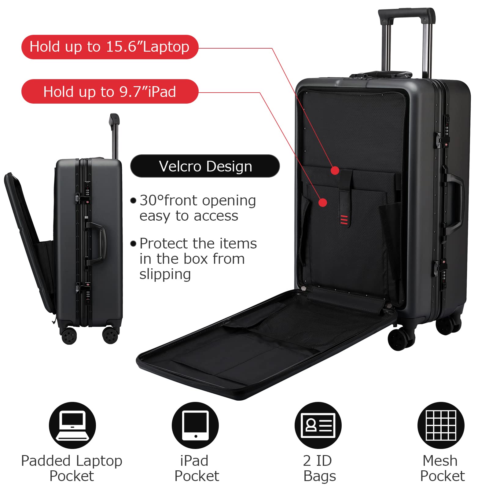 YUNASAY Aluminum Frame 22x14x9 Carry on Luggage with Front Compartment & USB Charging Port, PC Hardside Suitcase with Spinner Wheels TSA Lock for Travel Rolling Luggage (Titanium Gray, 20inch)