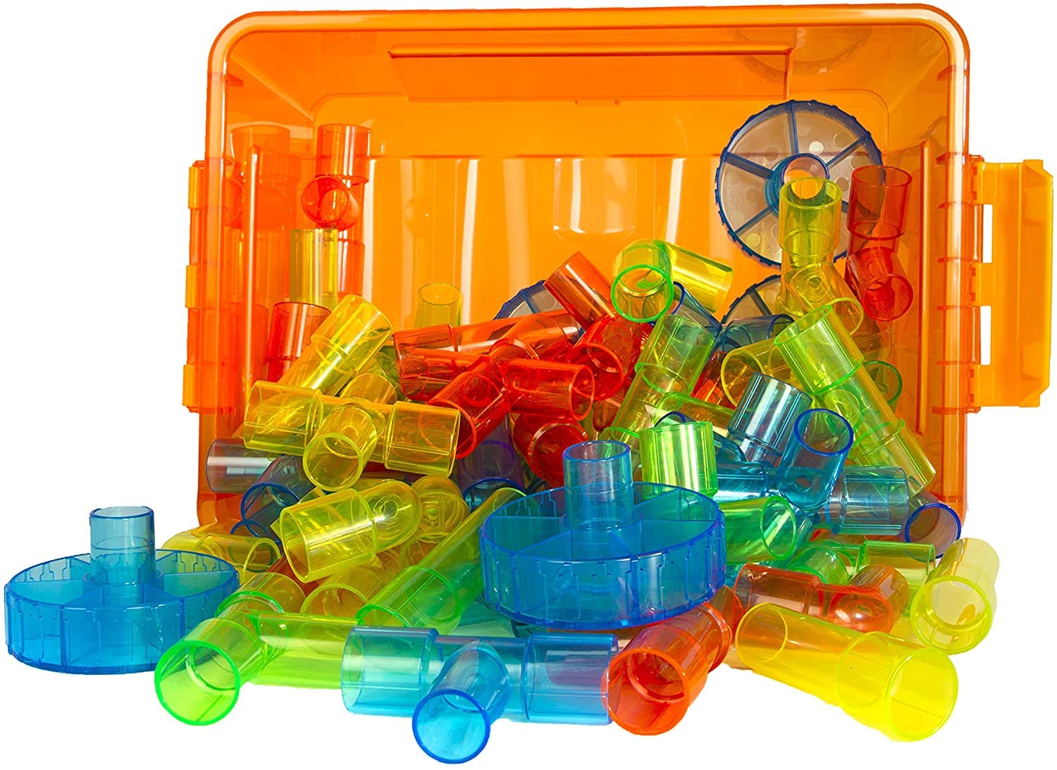 Think Fast Toys - Translucent Plastic Tube Manipulatives Set in Assorted Colors with Storage Container (64 Pieces) - STEM and Learning From Home Toys