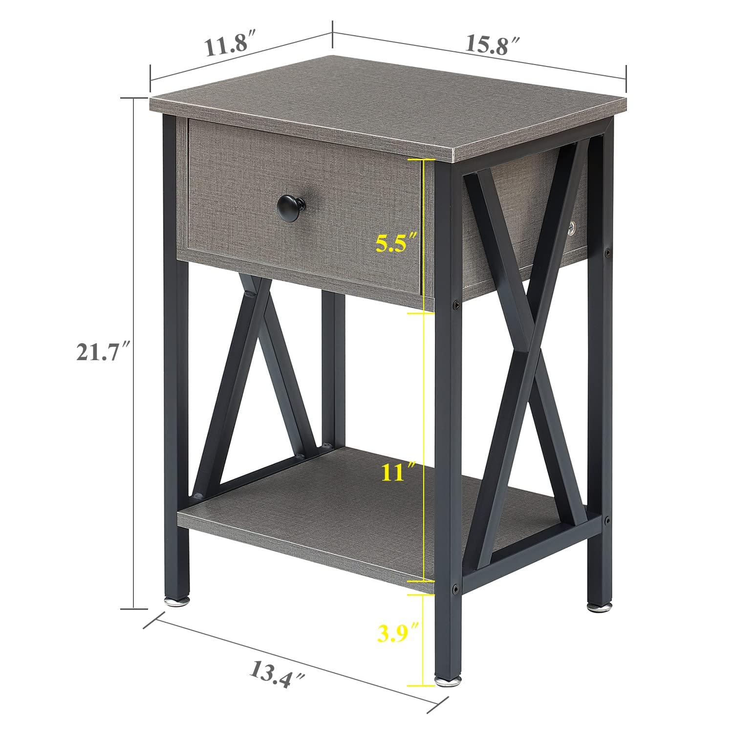 VECELO Nightstands Set of 2, Modern Bedside End Tables, Night Stands with Drawer and Storage Shelf for Living Room Bedroom, Industrial Metal Frame, Dark Gray