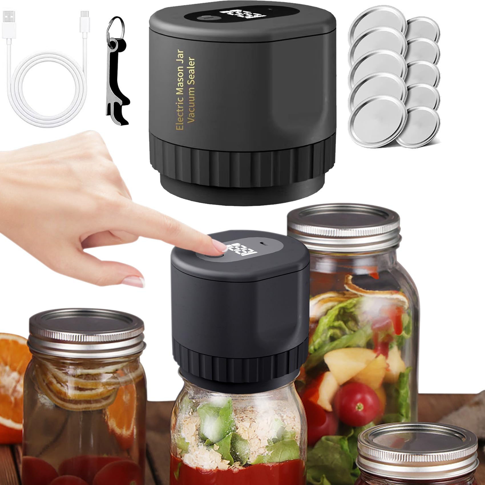 Vacuum Jar Sealer, Mason Vacuum Sealer Kit, Electric Mason Jar Vacuum Sealer for Wide Mouth and Regular Mouth Mason Jars, Comes with 10 Lids (Black)