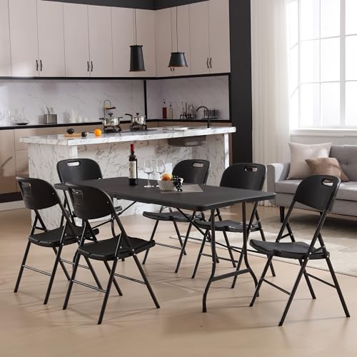 VECELO 6Ft Plastic Folding Table Heavy Duty Indoor Outdoor Portable Picnic Foldable Desk with Handle Mesh Trash Bag&Lock Legs for Camping, Dining&Party,Black