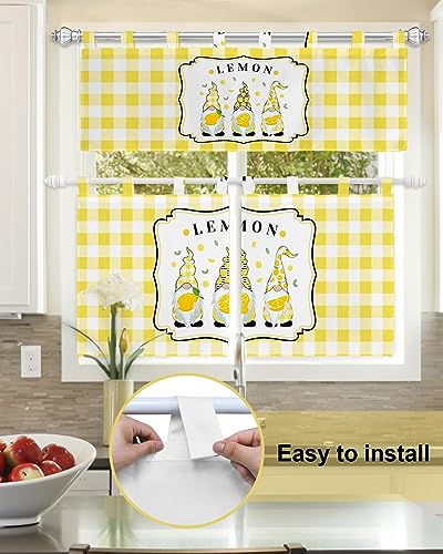 Tab Top Curtain Valance and Tiers Set,Summer Fruit Gnome with Farmhouse Lemon Light Filtering Kitchen Curtains Valances,Yellow White Buffalo Check Pastoral Cafe Window Treatment Drapes for Bedroom