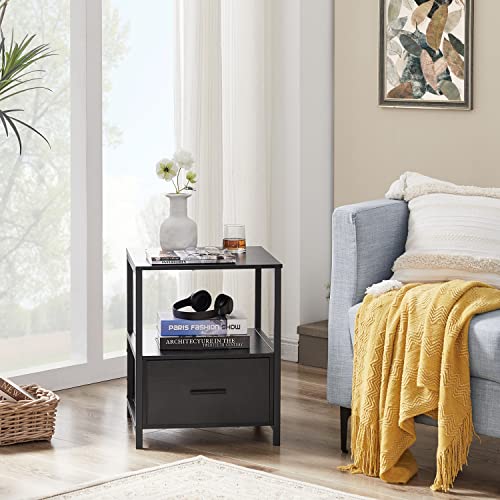 VECELO Nightstand Set of 2 with Wooden Storage Drawer Square Modern Bedside End Tables for Bedroom Living Room, Open Shelf, Industrial Metal Frame, Small Space, 2 Pack, Black