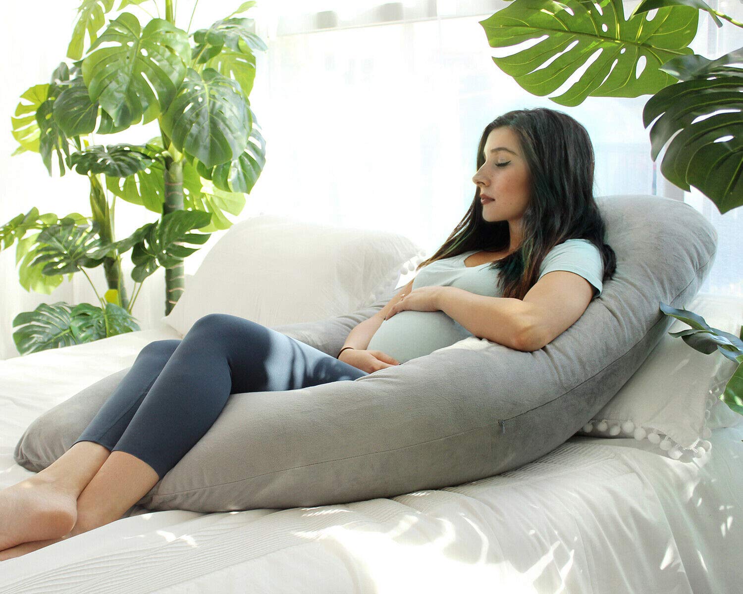 SWDPORT U Shaped Pregnancy Pillow, Full Body Maternity Pillows, Sleeping On Side with Zipper Removable Velvet Cover, Support Abdomen/Waist/Back/Head (Pink)
