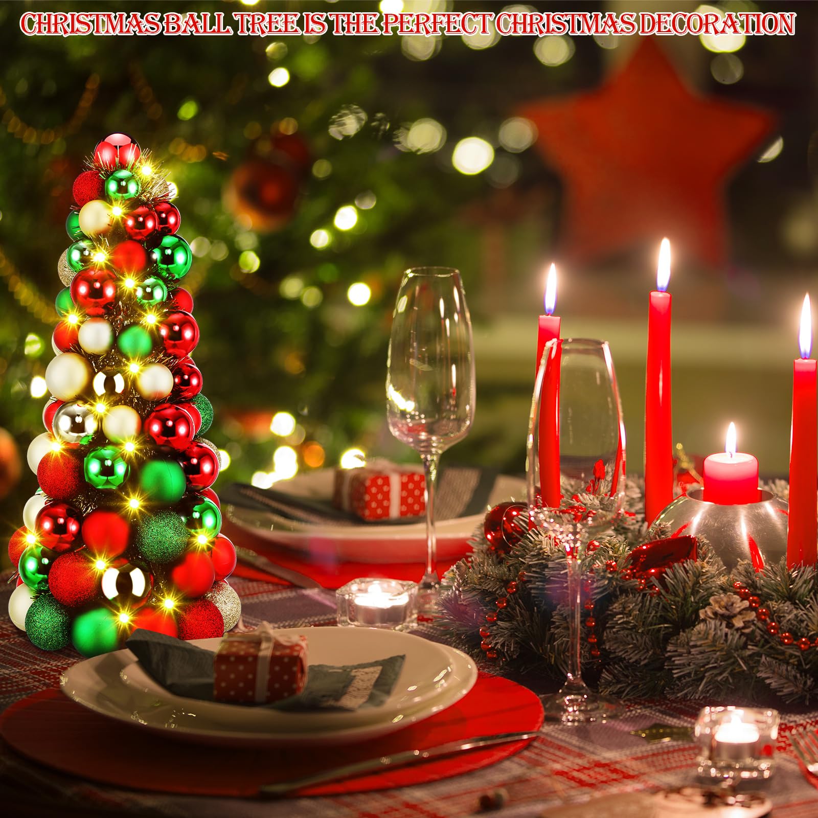 Yuxung 2 Pcs 16 Inch Christmas Ball Tree with 2 Led String Lights Mini Tabletop Cone Shaped Christmas Tree Ball Ornament Table Centerpiece for Xmas Holiday Room Decor (Red, Green and Gold)