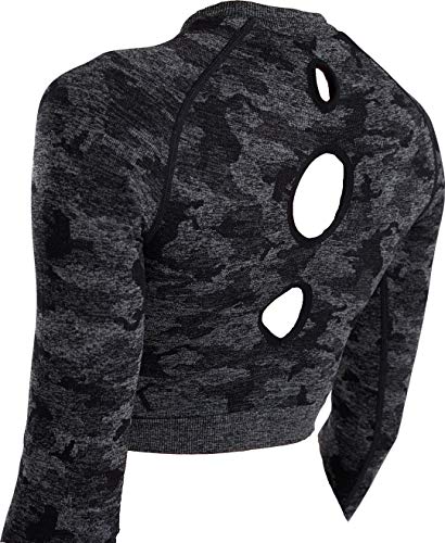 Yoga Workout Set High Waist Athletic Seamless Leggings Long Sleeve 2 Pieces Set (Camouflage Black, L)