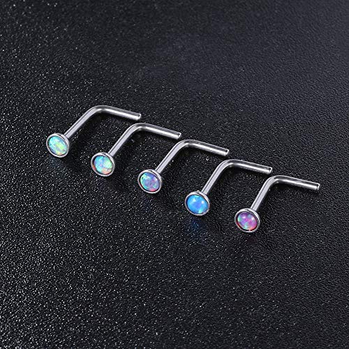 ZS 5 Pieces Opal Nose Studs 20 Gauge Nose Pin Blue Nose Piercing Stud Stainless Steel Nose Stud Retainer L-Shape (5PCS L-shaped Nose Rings)