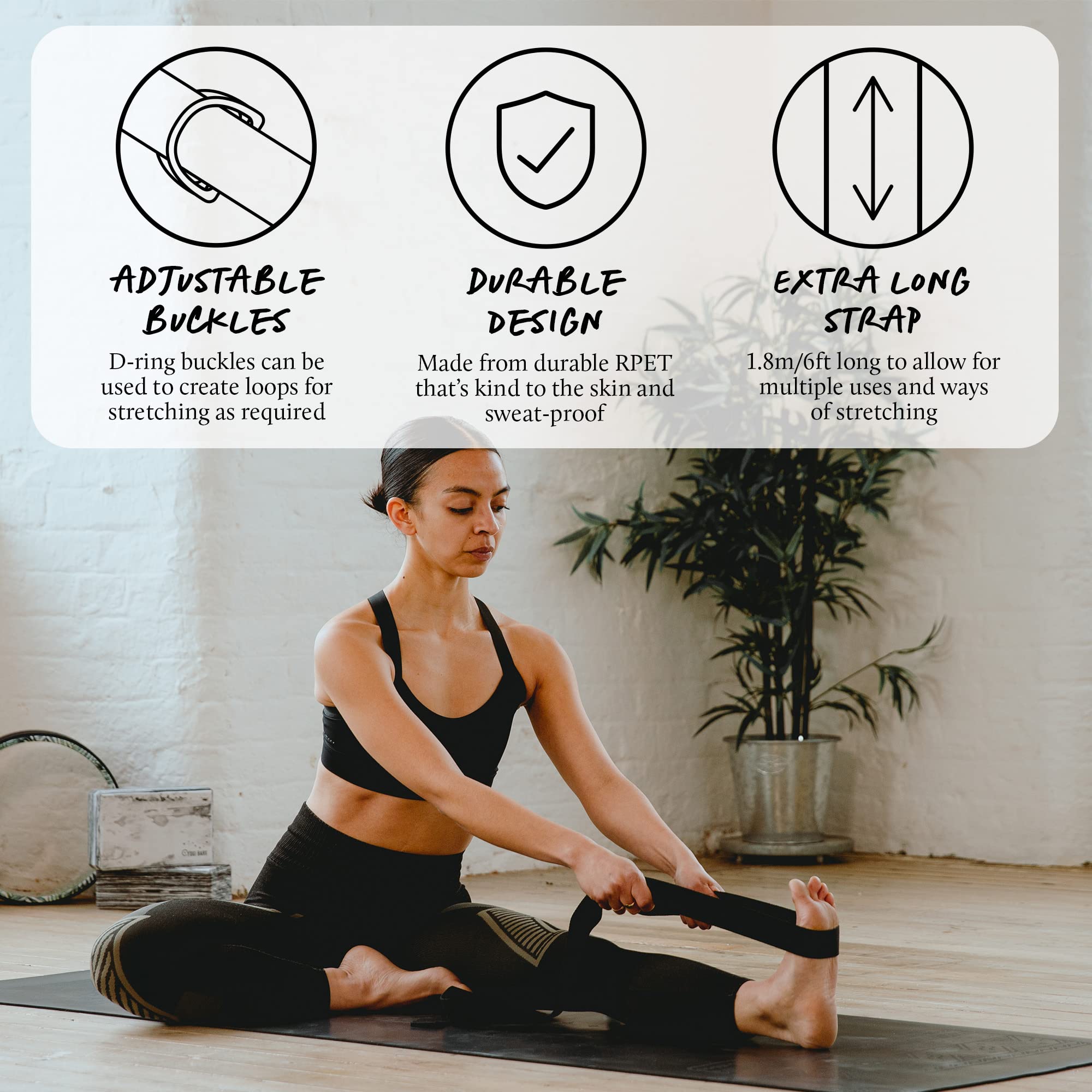 Yogi Bare Yoga Strap for Stretching - Yoga Accessories & Equipment - Ligament Stretching Belt & Stretch Band with Double D-Ring Loops - Black