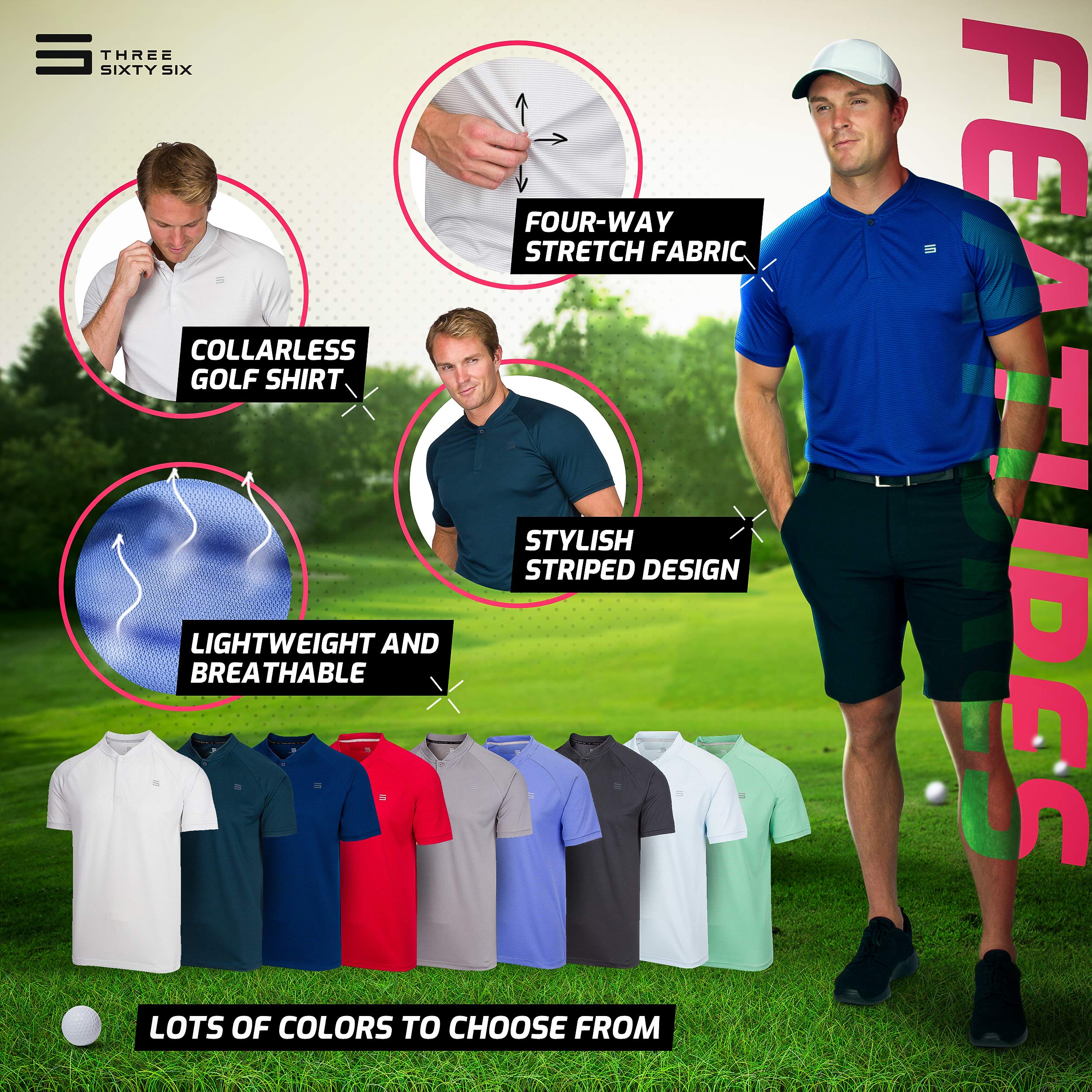 Three Sixty Six Collarless Golf Shirts for Men - Men’s Casual Dry Fit Short Sleeve Polo, Lightweight and Breathable
