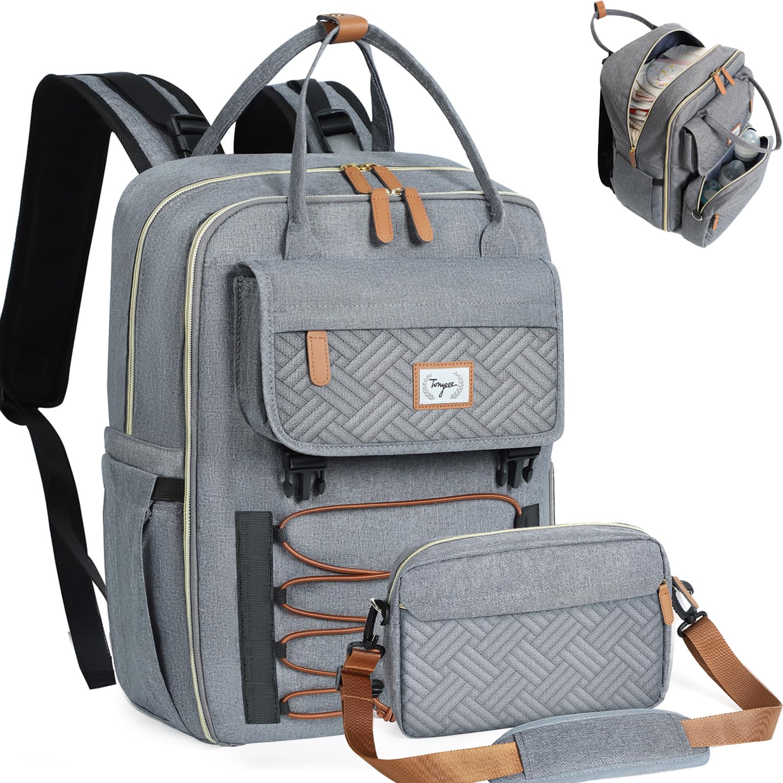 Tonyeee Diaper Bag Backpack- Removable Cross Body Bottle,Travel Essentials Baby Bag with Extras Cooler Bag and Changing Pad,Stylish Nappy Bag-Grey