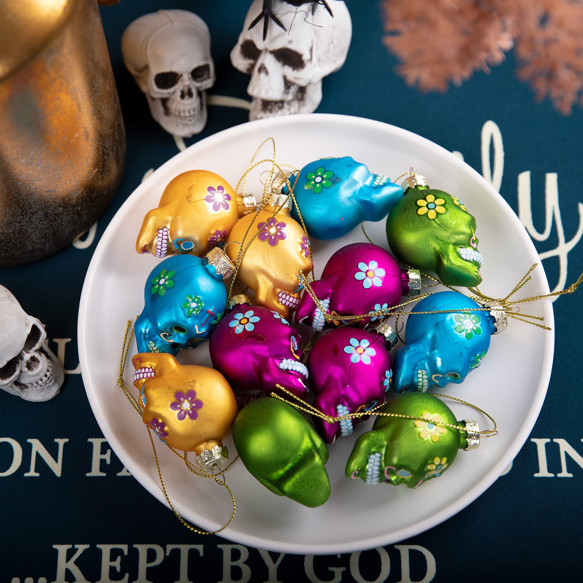 Watayo 12 PCS Day of The Dead Glass Ornaments-Dia De Los Muertos Sugar Skull Ornaments-Halloween Hanging Skeleton Head Decorations for Party Xmas Tree Decoration