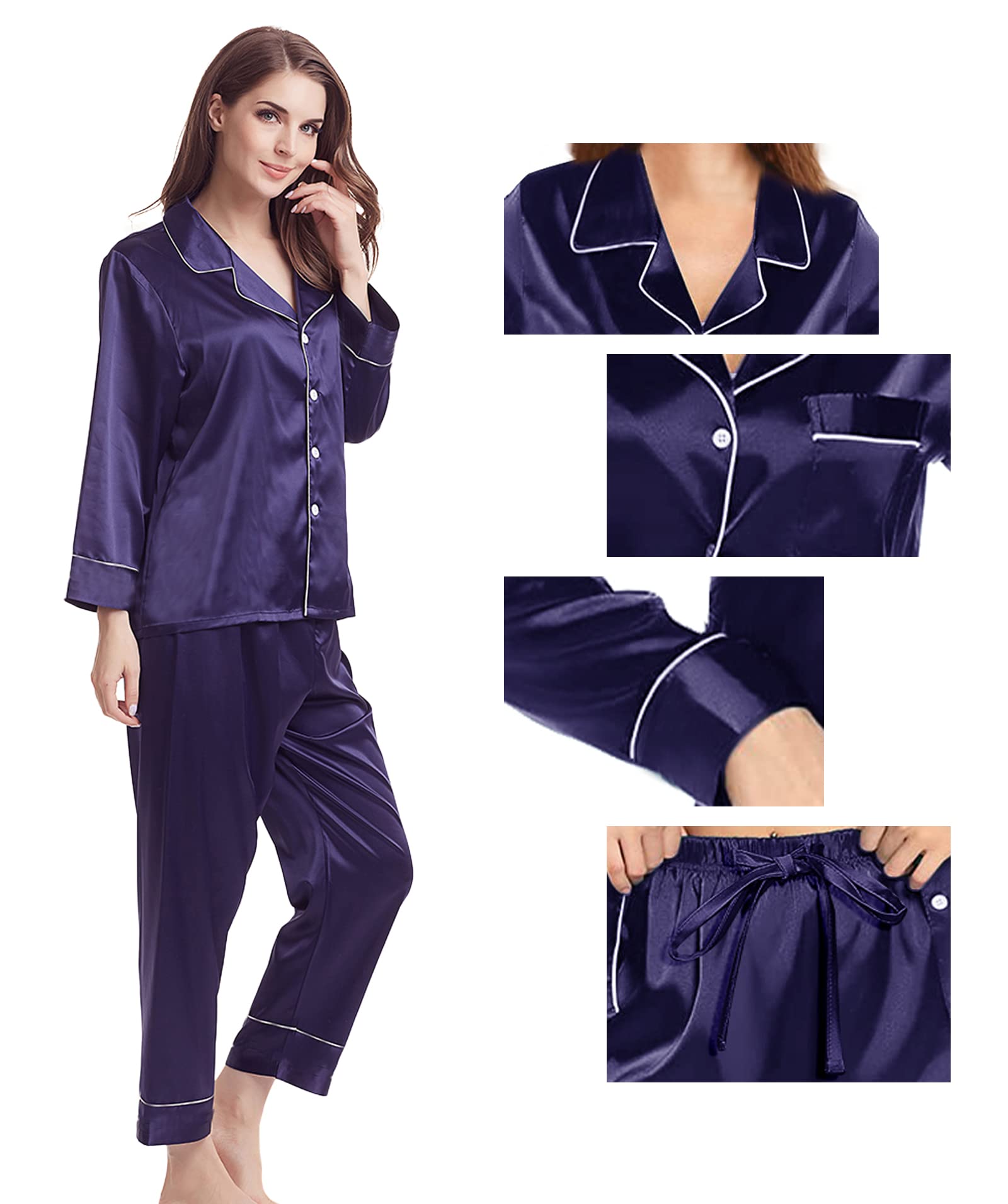 WJing Yi Jia Womens Pajama Set Silk Satin Pajamas Long 2pc Pjs Button Down Sleepwear Pj Set Loungewear