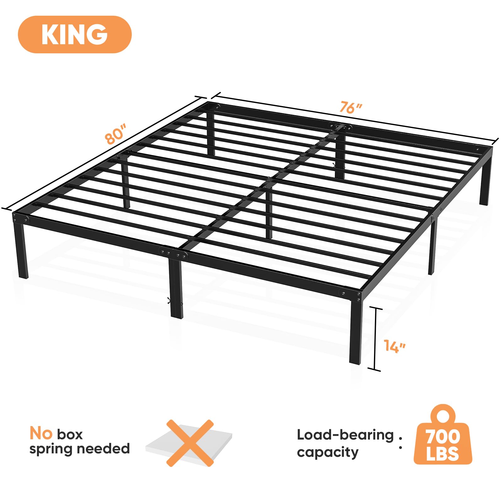 Sweetcrispy King Bed Frame - 14 Inches High Metal Platform Bedroom Frames King Size with Storage Space Under Frame, Heavy Duty, Sturdy Steel Slat Support, No Box Spring Needed