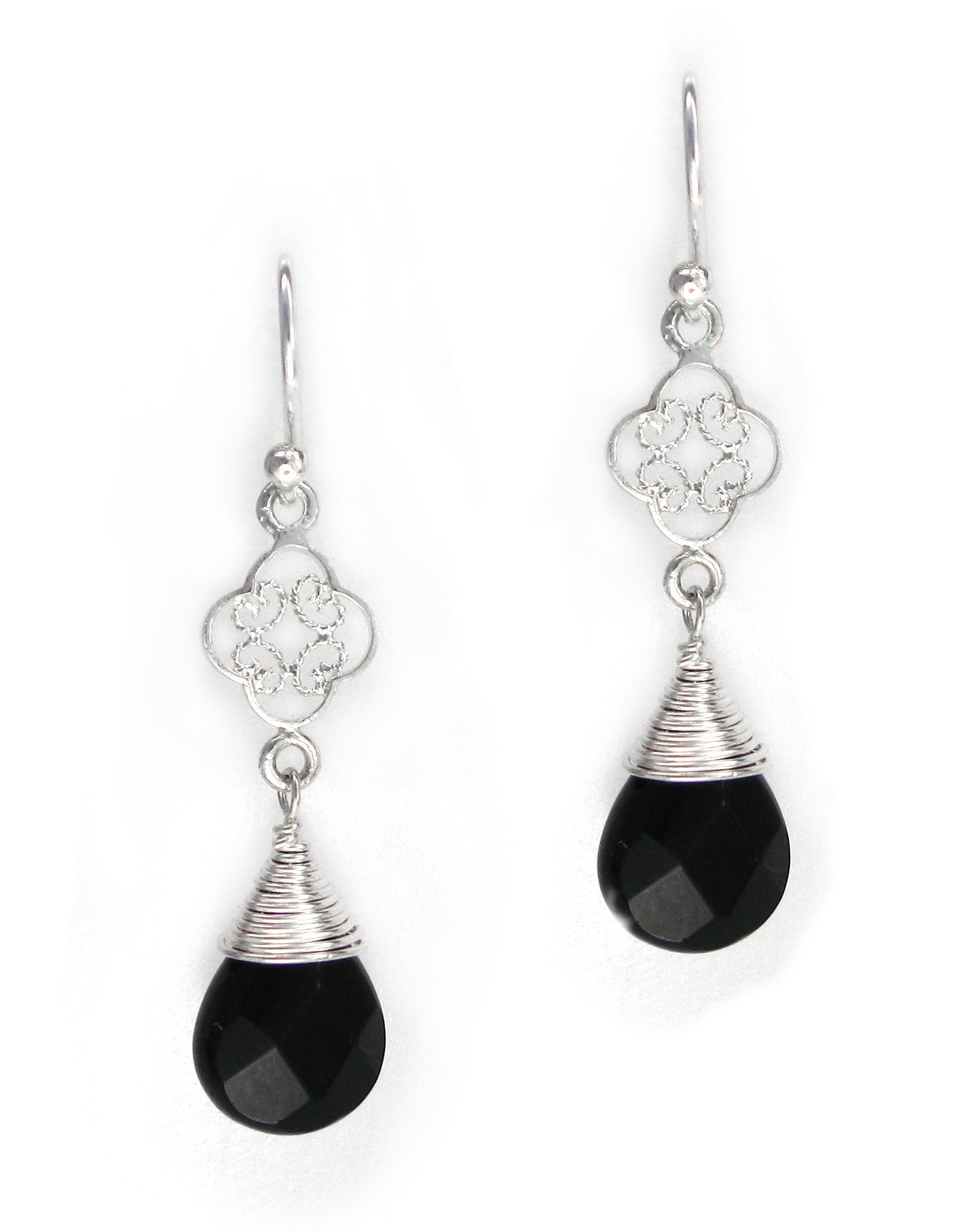 Sterling Silver Filigree Clover Crystal Briolette Drop Wire-wrapped Top Earrings, Black