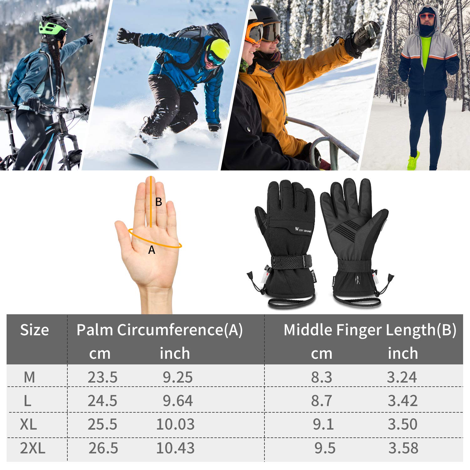West Biking Gift Winter Ski Gloves 2-in-1 Under Gloves with Separate Liners, 3M Thinsulate Waterproof Touchscreen Warm Snowboard Gloves