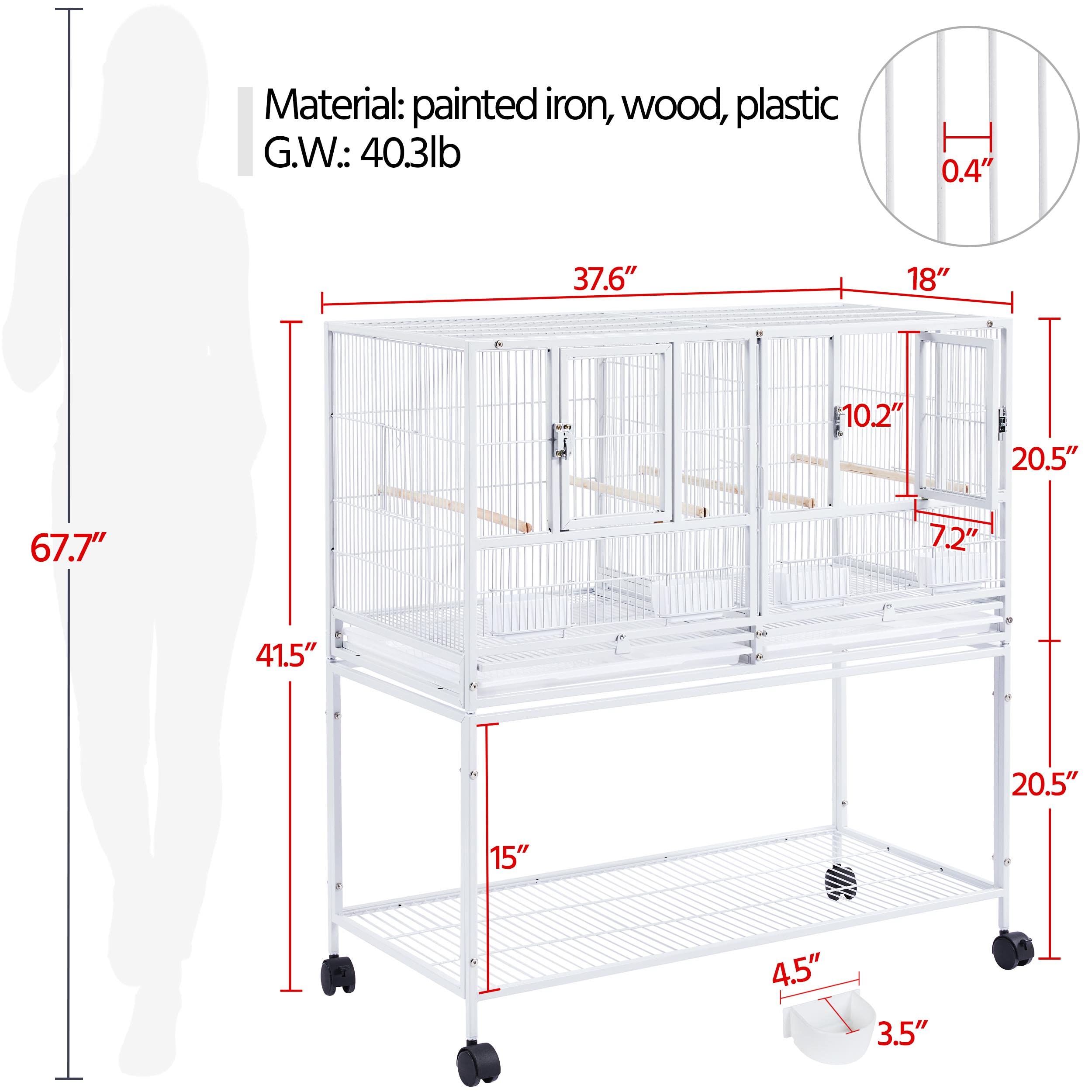 Topeakmart Divided Breeder Bird Cage for Parakeet Canary Lovebird Finch Budgie with Detachable Rolling Stand, White