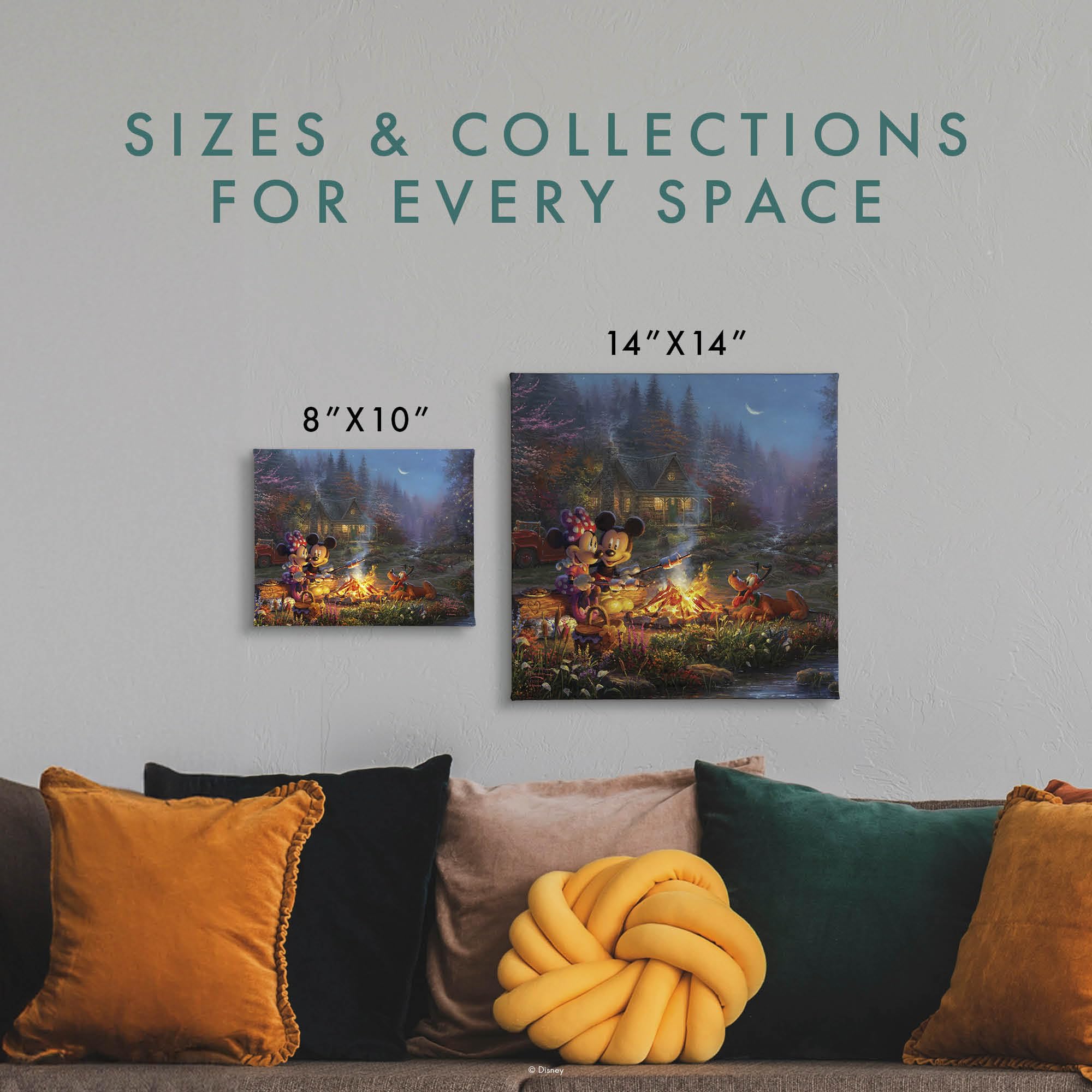 Thomas Kinkade Mickey and Minnie Sweetheart Campfire 8" x 10" Gallery Wrapped Canvas Art | Frameless Room Wall Art | Certificate of Authenticity Included