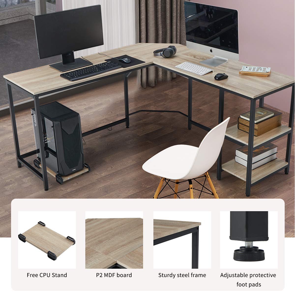 YOLENY L-Shaped Computer Desk 59.1“, Space-Saving Corner Desk with Storage Shelves, Home Office Desk Study Workstation for Home, Office