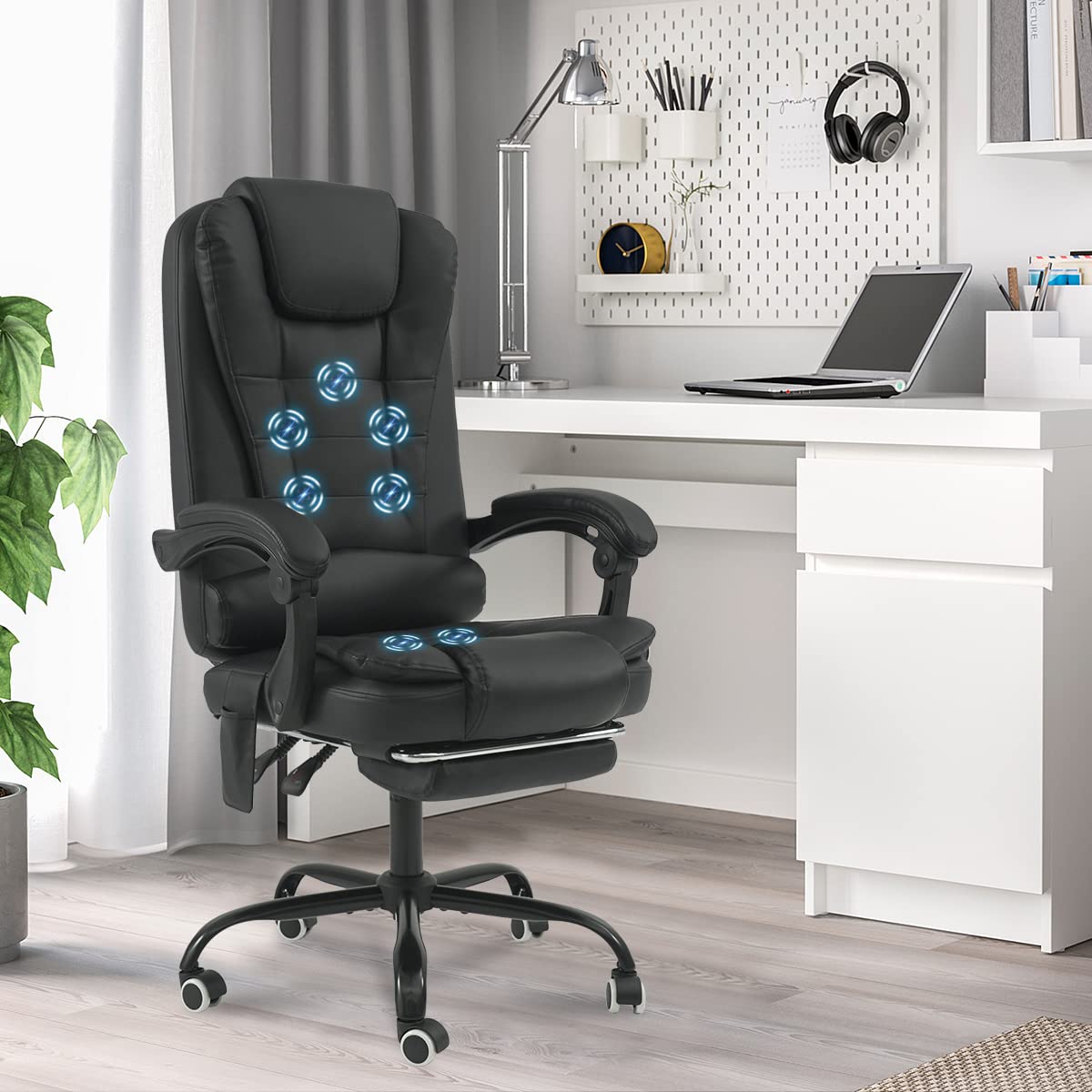 VANSPACE Executive Massage Office Chair with Footrest Reclining Home Office Chair Soft Leather High Back Computer Desk Chair with Lumbar Support Adjustable Armrest Black
