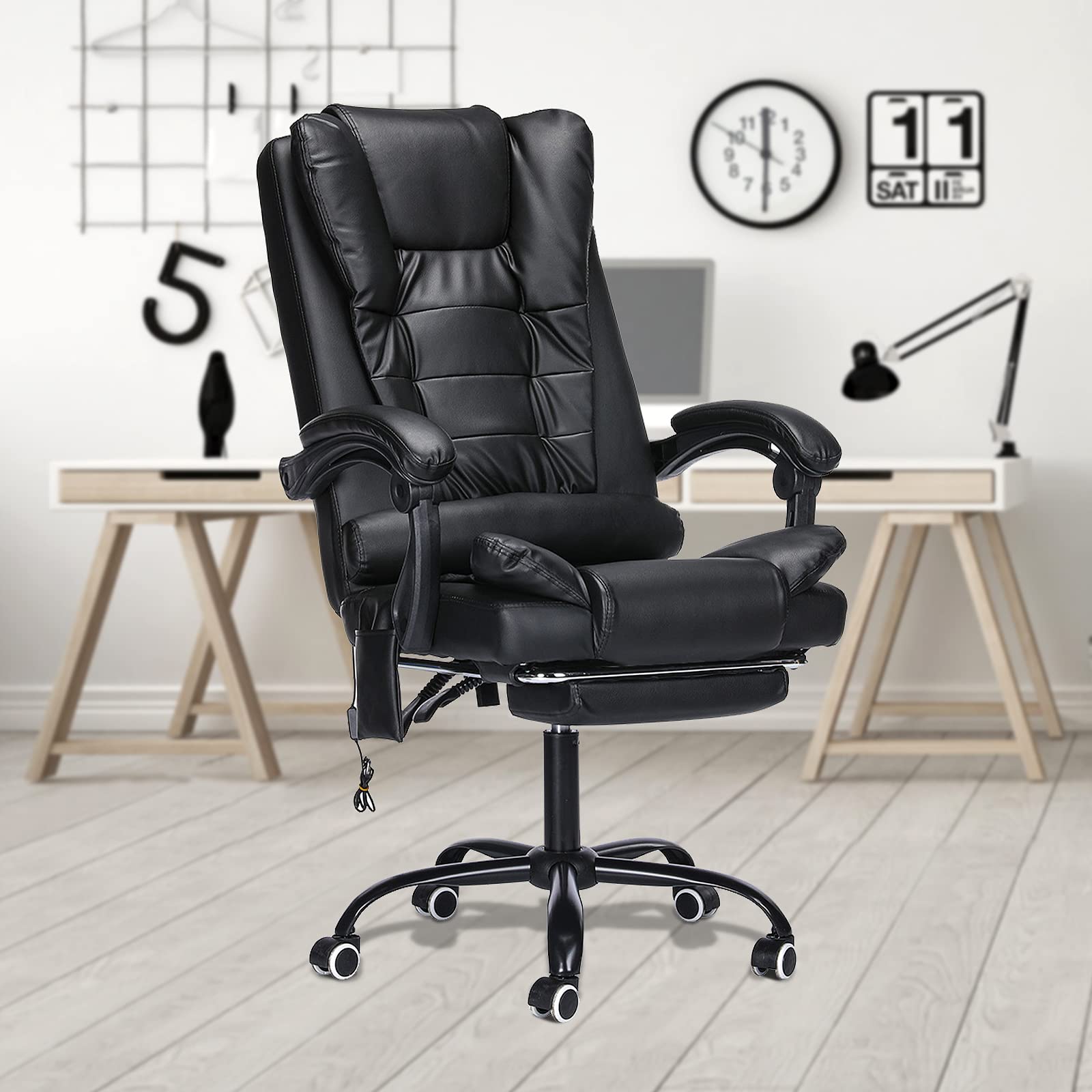 VANSPACE Executive Office Chair with Massage and Footrest Reclining Office Chair Soft Leather High Back Computer Desk Chair with Lumbar Support Padded Armrest for Home Office