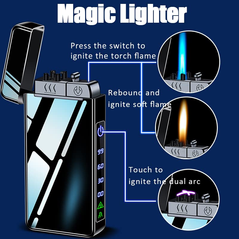 Torch Cigar Lighter Pipe Lighter Switchable Soft/Jet Flame Electric Arc Lighter 3 in 1 Refillable Butane Lighter Unique Gift for Men & Women No Gas (Black)