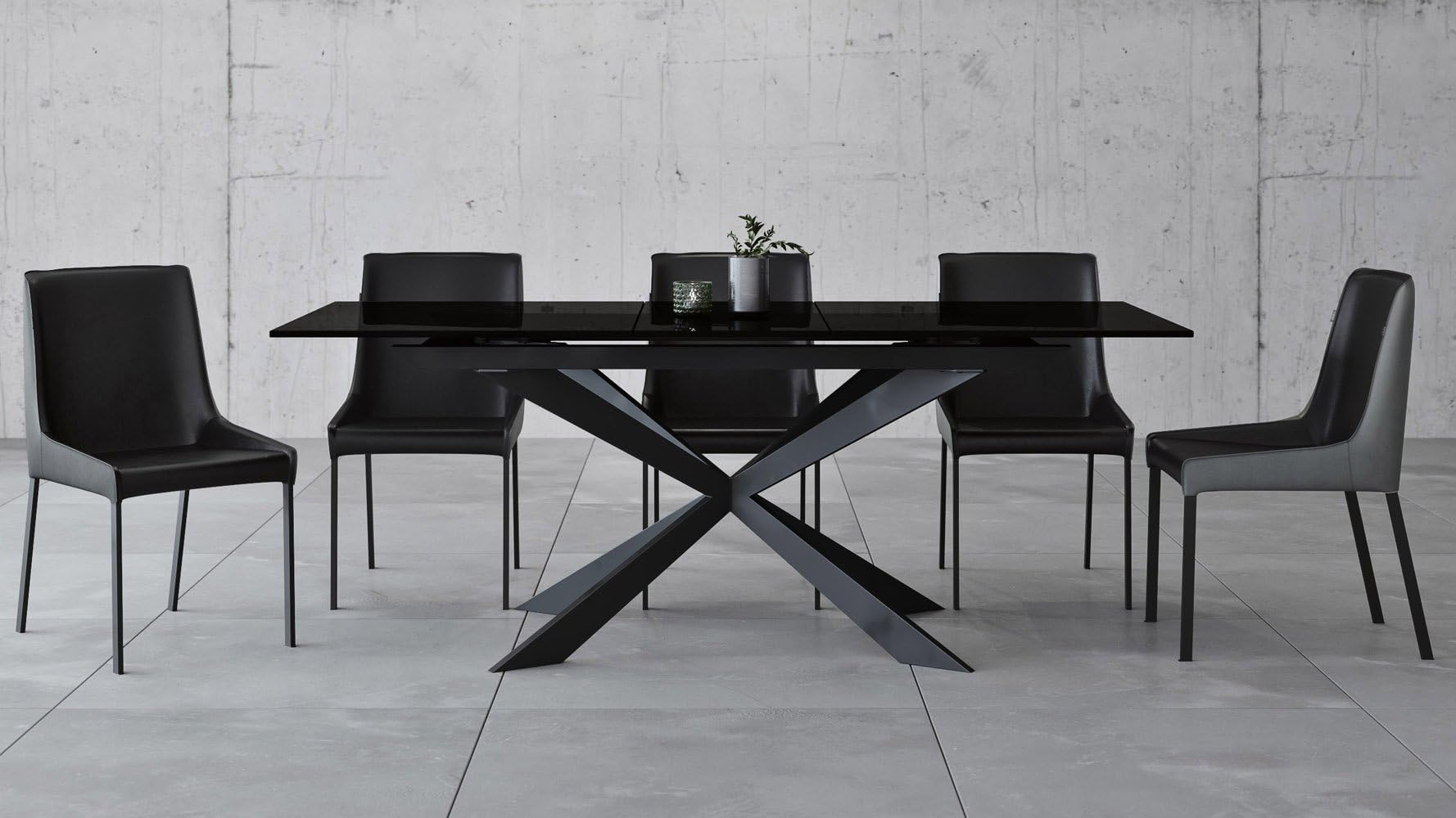 ZURI Modern 63-79" Burton Extension Dining Table - Smoked Glass Top with Matte Black Steel Base