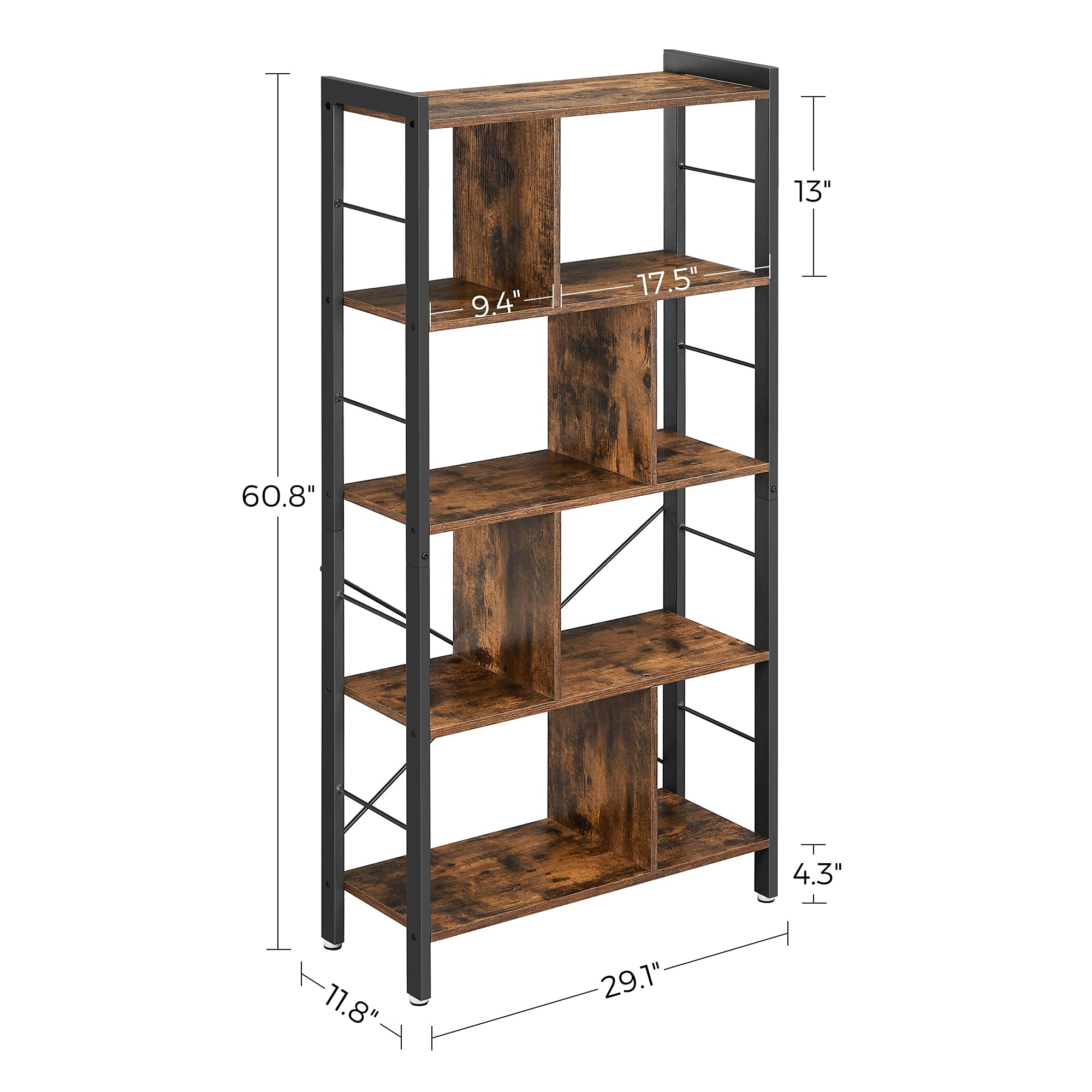 VASAGLE ALINRU Bookcase, 4-Tier Industrial Bookshelf, Floor Standing Storage Rack in Living Room Office Study, Large Storage Space, Simple Assembly, Stable Iron Frame, Rustic Brown ULBC12BX