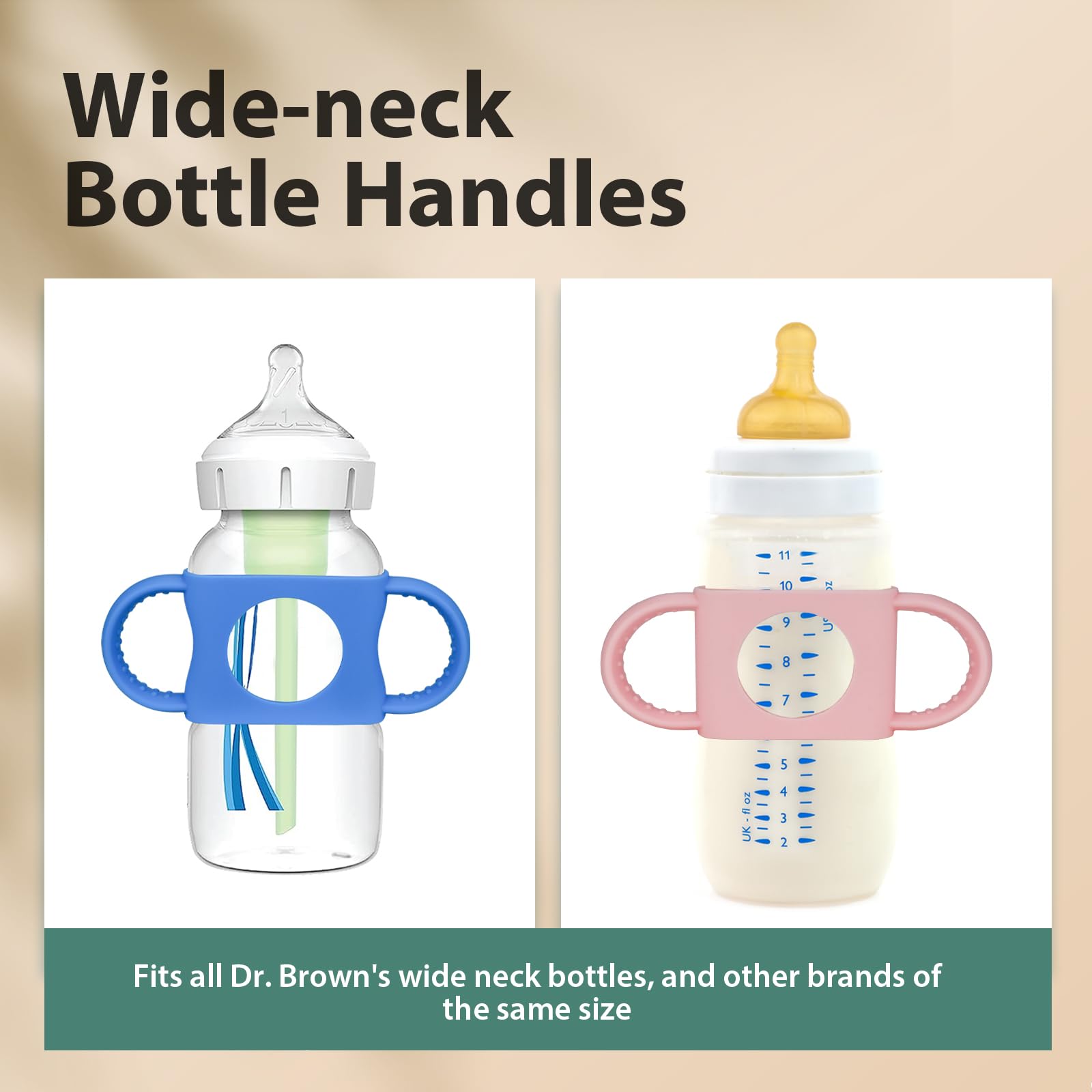 Wide Neck Bottle Handles for Dr Brown, 2 Pack Baby Bottle Holder 100% Silicone, BPA Free, Dishwasher Safe, Baby Grasp Teaching, Hands Free Feeding, Pink and Blue