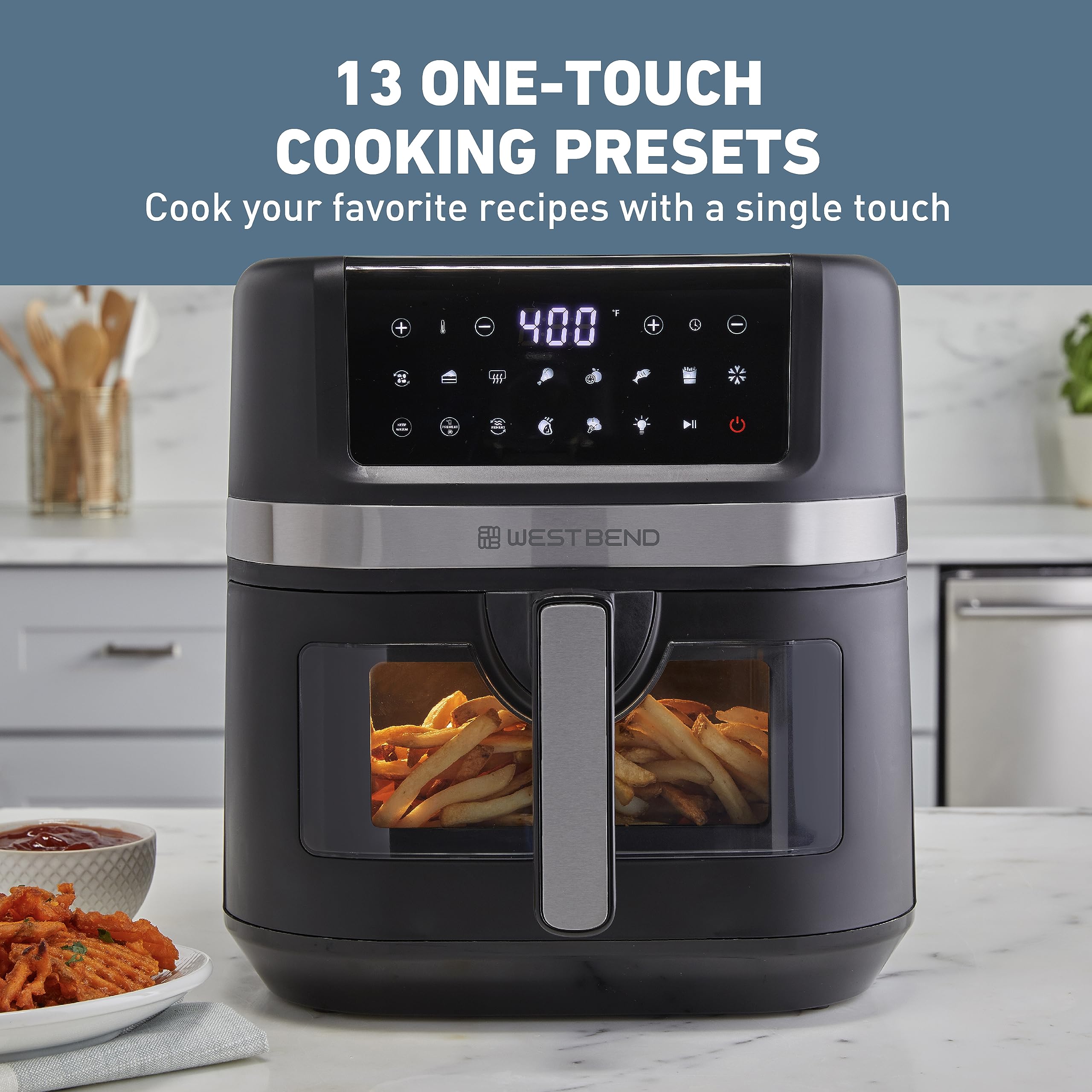West Bend Air Fryer 7-Quart Capacity with Digital Controls View Window and 13 Cooking Presets, Nonstick Frying Basket, 1700-Watts, Black
