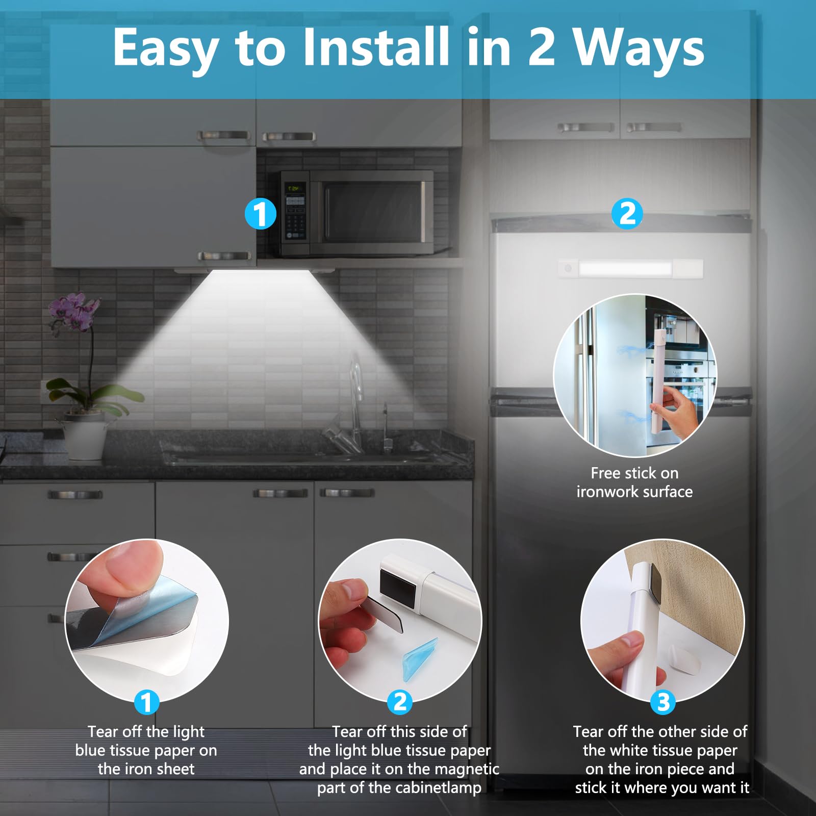 ZZENRYSAM Motion Sensor LED Closet Lights, Under Cabinet Lights, Battery Operated Cabinet Lighting, USB Rechargeable Magnetic Wireless Under Counter Lights for Kitchen, Stairs, Hallway(Type A, 2 Pack)