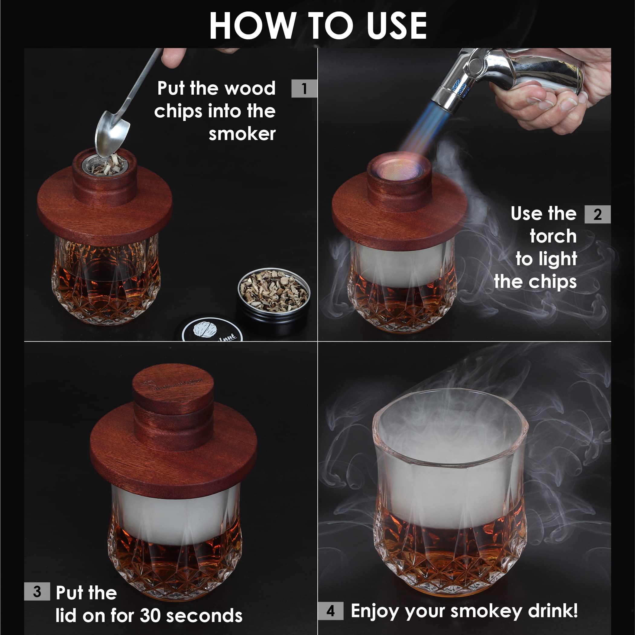 SMOKEOLOGIST Whiskey, Cocktail, and Old Fashioned Smoker Kit with Torch β Includes 8 Unique Natural Wood Flavors, Luxury Wooden Box Gift Packaging, Premium Butane Torch (Butane Fuel not Included)