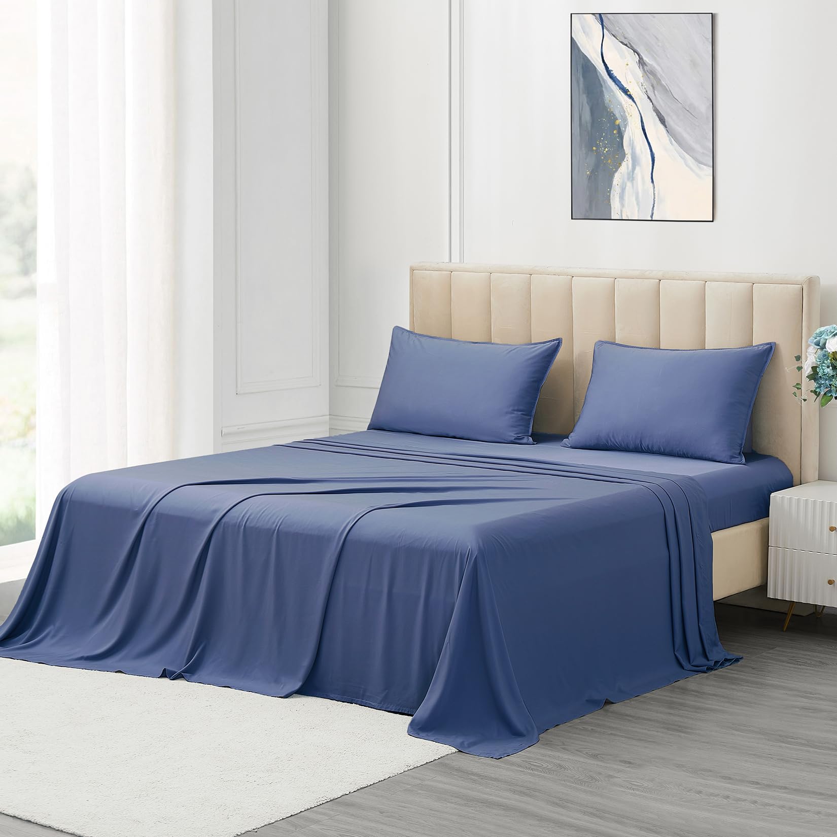 WODFAMY Cooling Breathable Rayon Full Size Bed Sheets Set 225 Thread Count Super Silky Soft Bedding Sheet Sets with 16 Inch Deep Pocket, 4 Piece Grey Blue