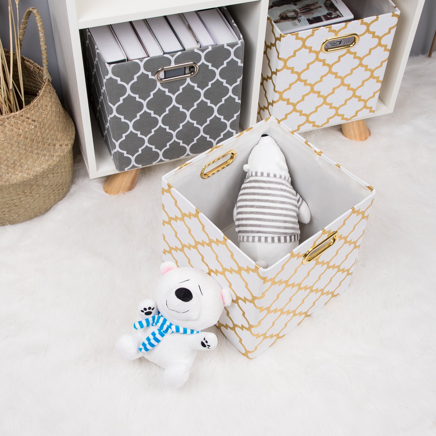 Storage Cubes,11×11 Collapsible Fabric Storage Bins Boxes Baskets - Set of 4, Grey Lantern Patterned