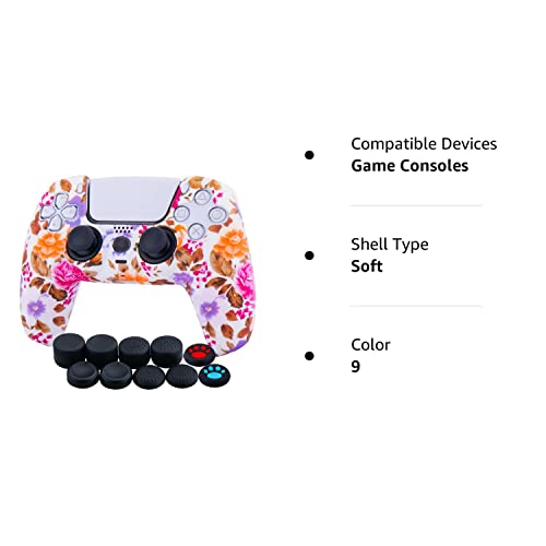 YoRHa Water Transfer Printing Silicone Thickened Cover Skin Case for PS5 Controller x 1(Flowers) with Thumb Grips x 10