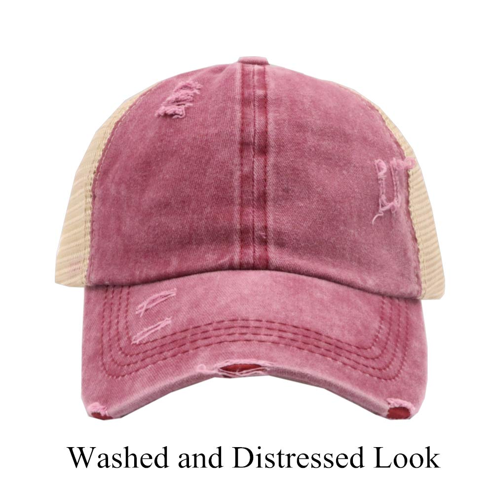 Womens Washed Distressed Cotton Baseball Caps High Messy Bun Ponytail Unconstructed Dad Hats Girls Sun Hat (10-Criss Wine)