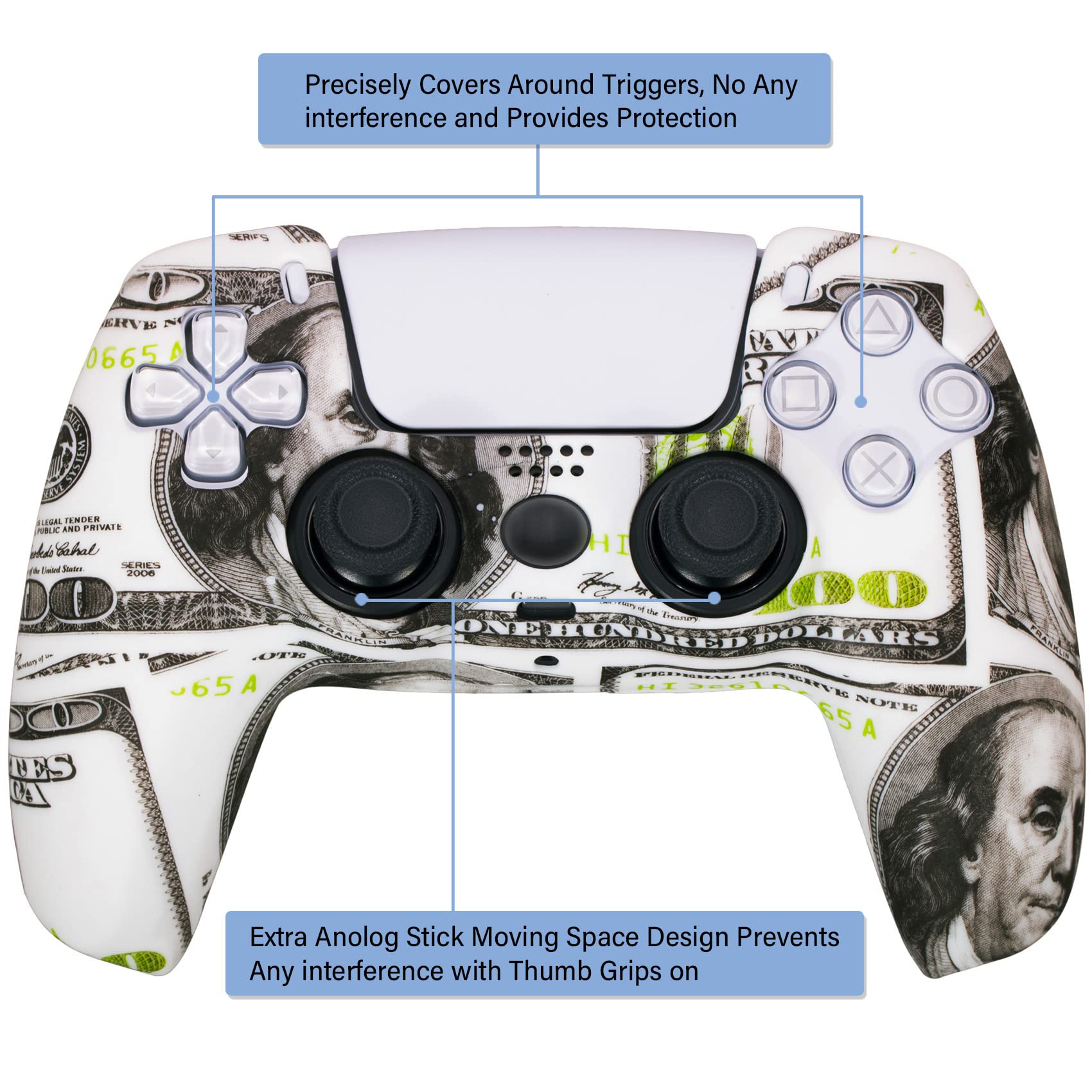 YoRHa Water Transfer Printing Silicone Thickened Cover Skin Case for PS5 Controller x 1(US Dollars) with Thumb Grips x 10